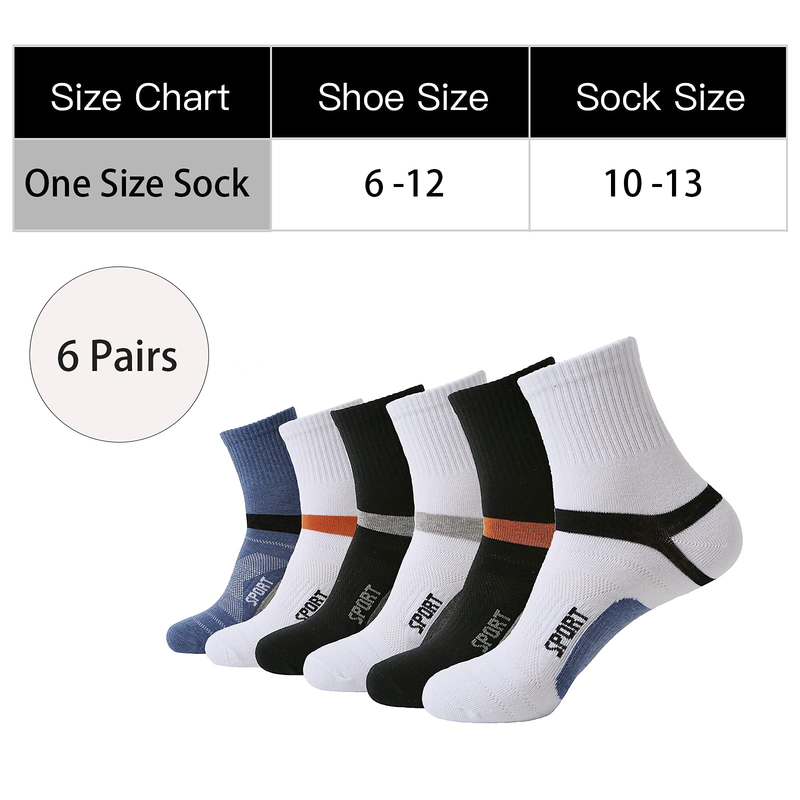 Eastroll Men's Athletic Ankle Quarter Socks Cushion Sport Casual Running Cotton Sock Crew Socks 6 Pack