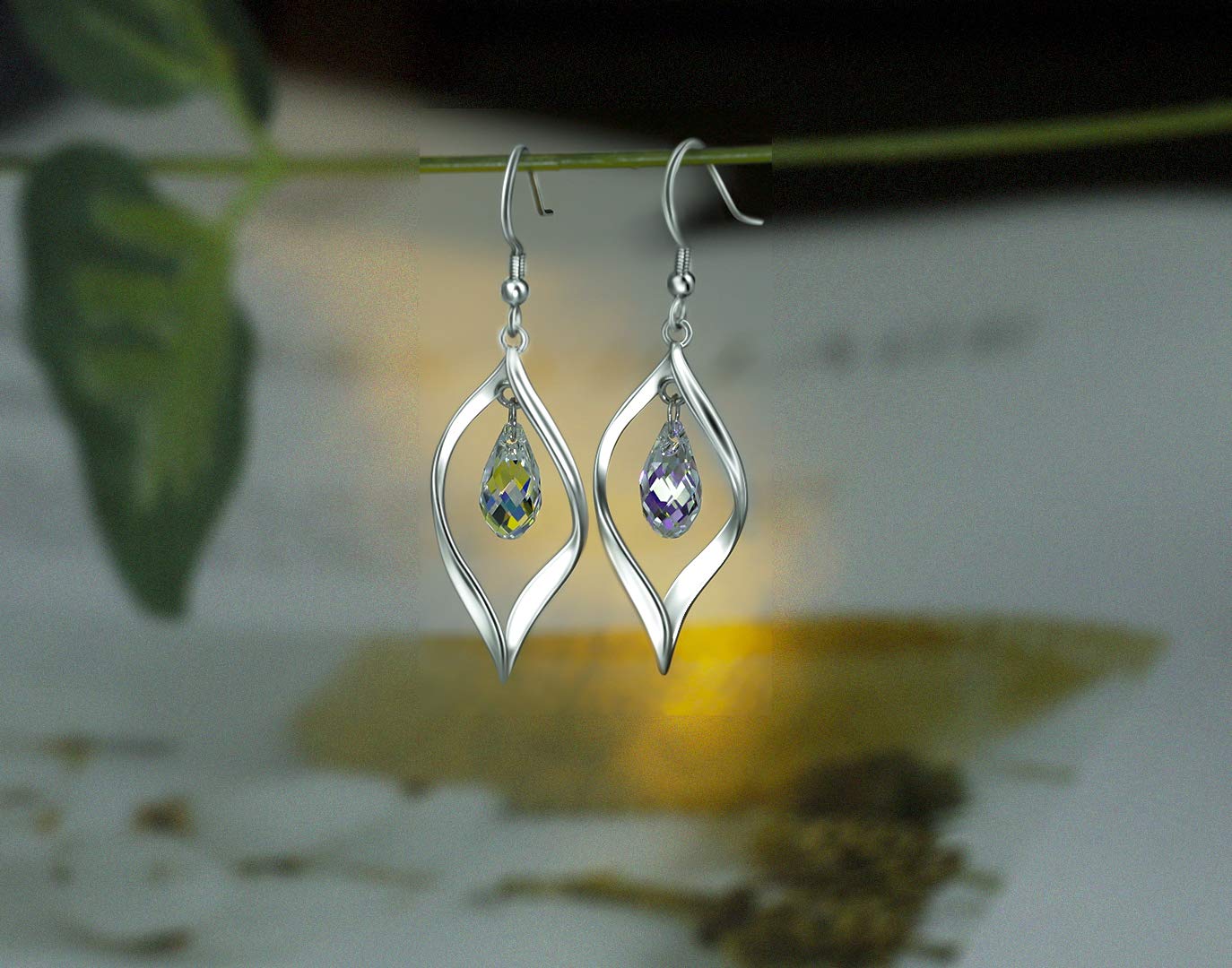 Fashion Swarovski Crystal Twist Leaf 925 Sterling Silver Drop Earrings for Women in Gold-plated
