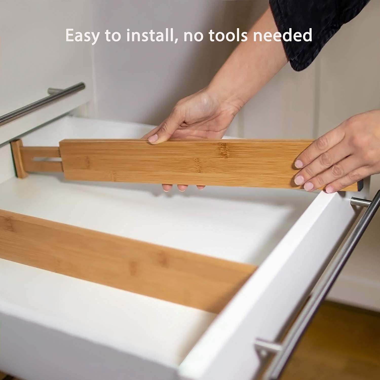 Fabsome Bamboo Kitchen Drawer Dividers 4 Pack, 17-22 inches Long Adjustable Spring-loaded Organizer Durable Organization Separators for Large Utensil Drawers, Clothing Dresser Drawers