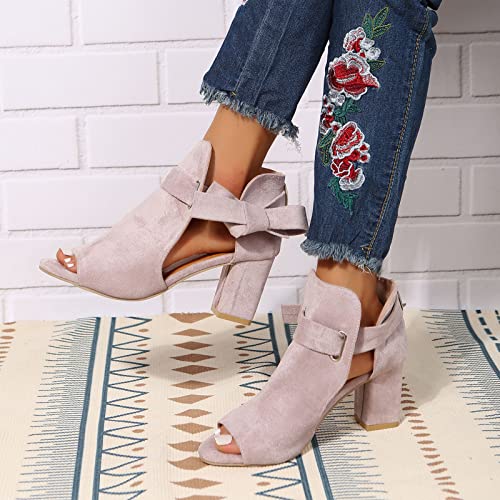 FASDNENDYS Women Flock Solid Color Buckle Strap Casual Peep Toe Bow Tie High Heels Single Shoes Sandals Womens Sandals 10 Flat