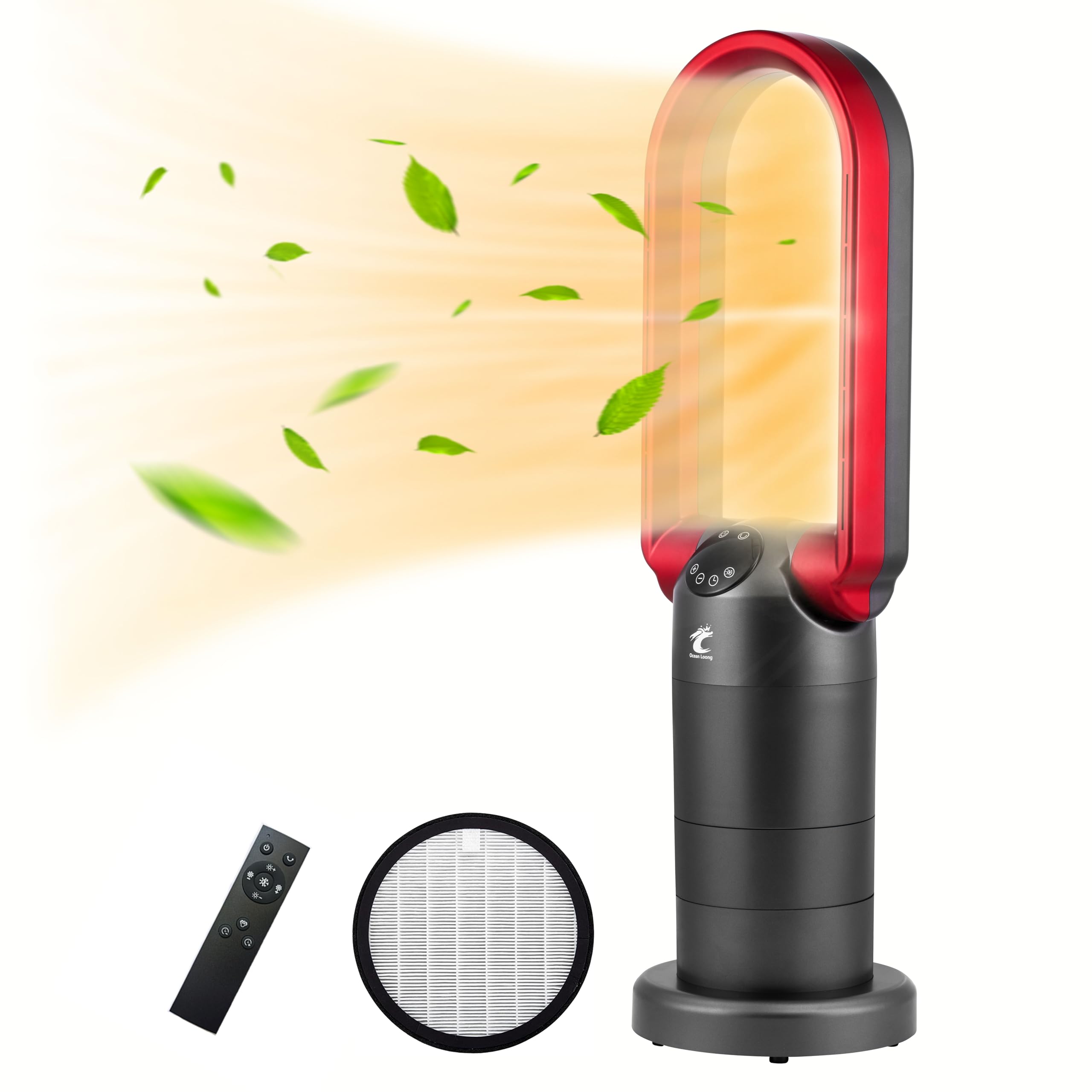 OceanLoong Bladeless Fan & Space Heater in One, Tower Fan for Bedroom Home,1500W Electric Heater with Adjustable Thermostat, Tip-Over Switch, Remote, Timer, Oscillating Table Fan, 29inch Red