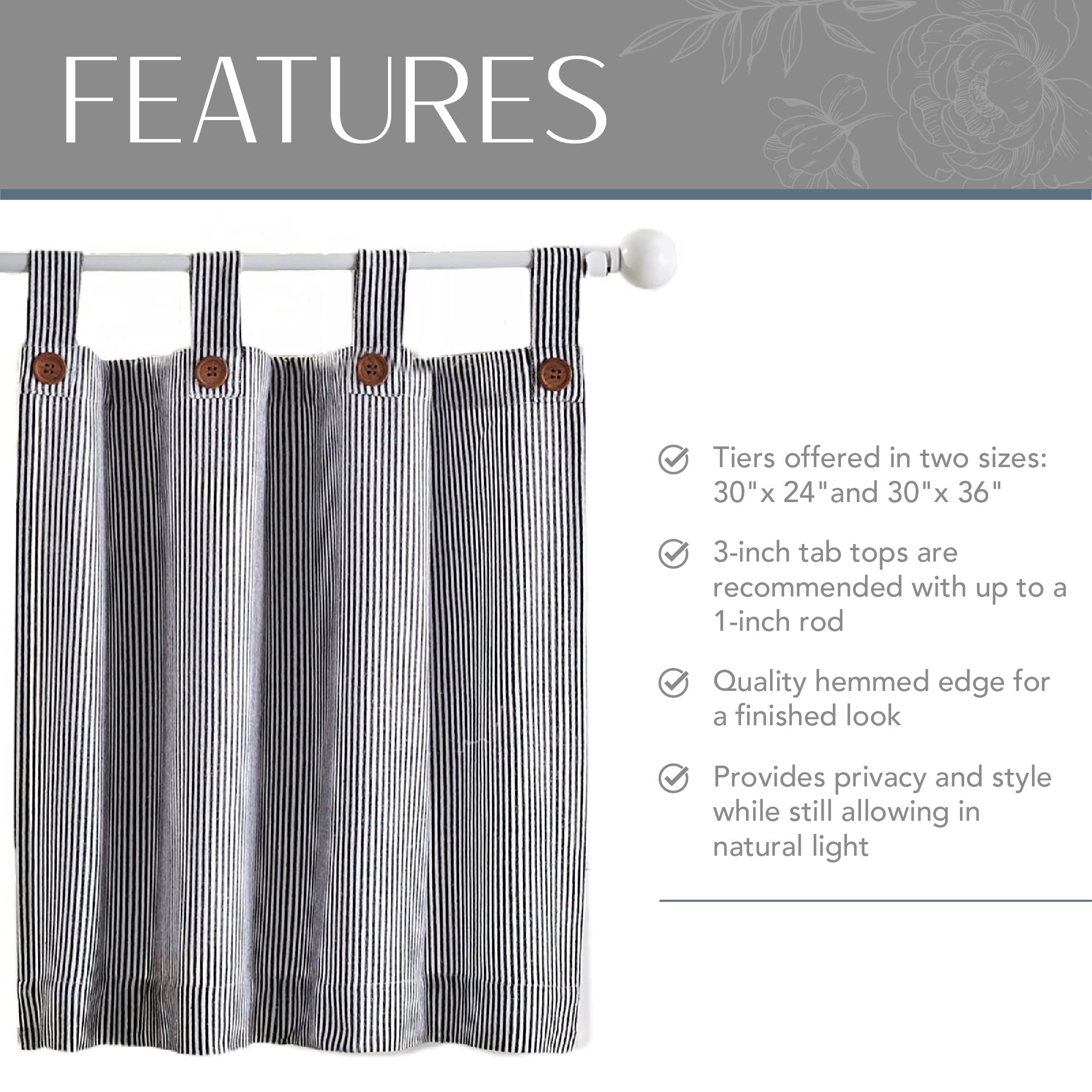 Elrene Home Fashions Tucker Ticking Stripe Tier Window Curtains for Kitchen or Bathroom, 30" x 24", Set of 2, Gray