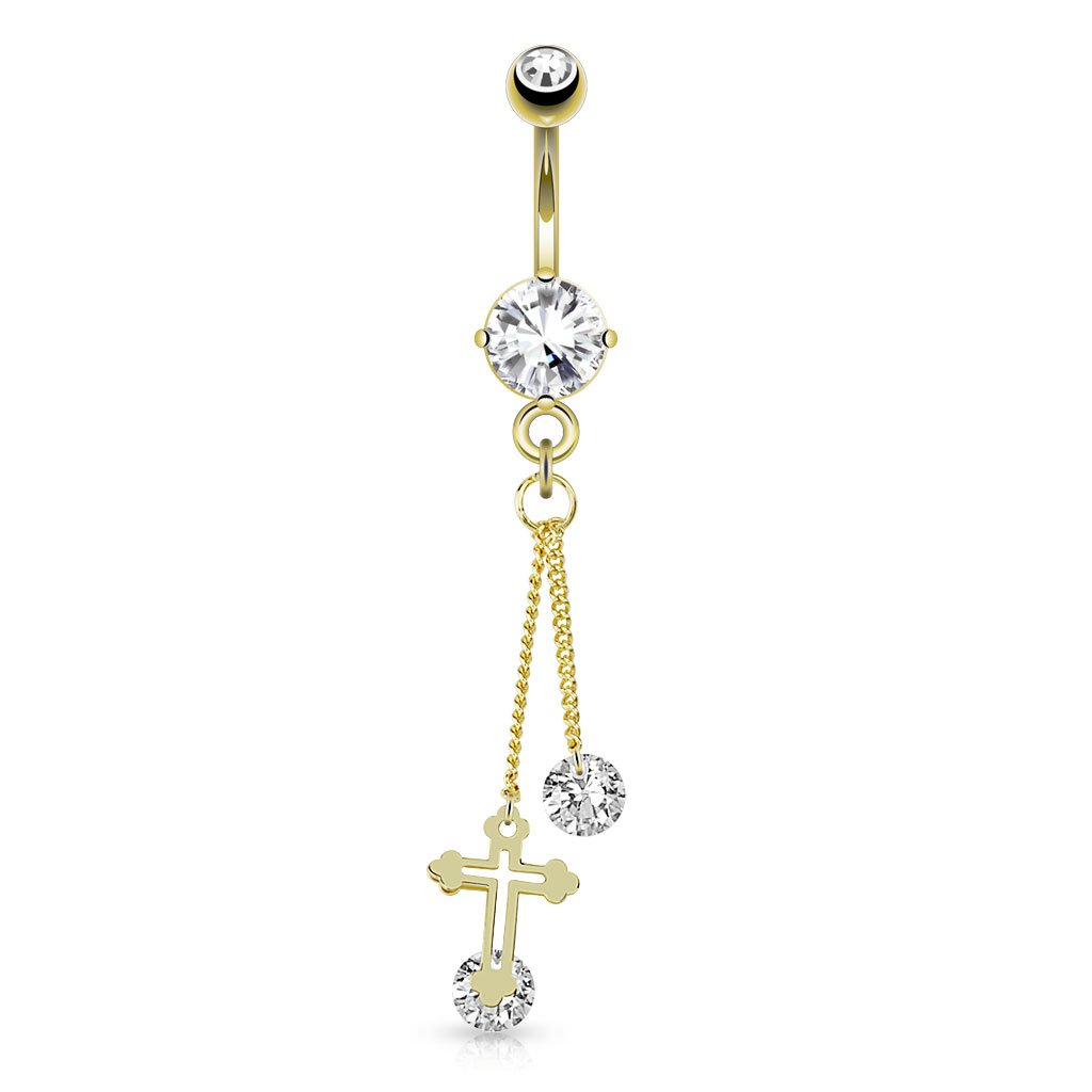 Dynamique Cross with Large Round CZ Attached by Chain String Dangle 14Kt Gold Plated Belly Button Ring