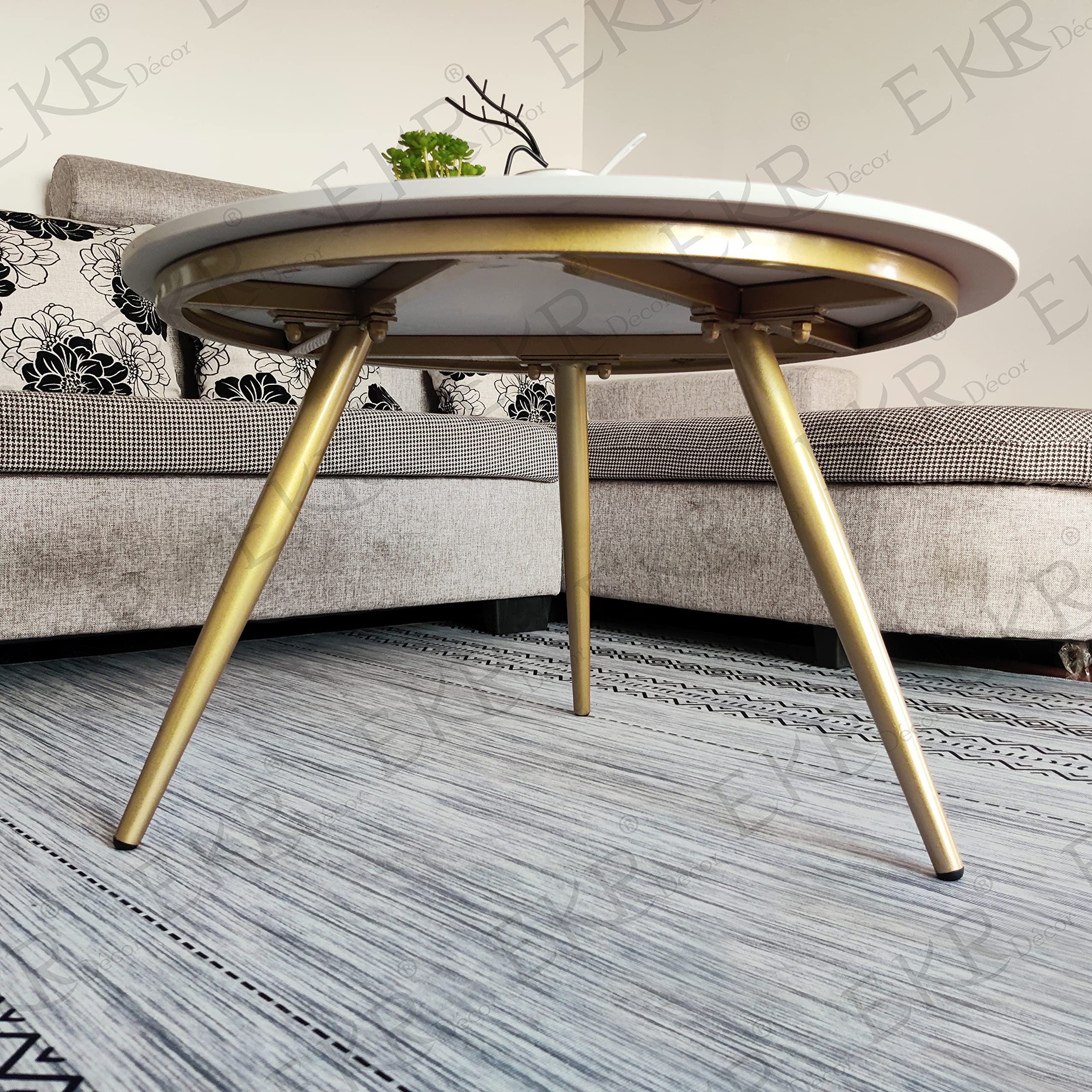 EKR Real Marble Coffee Table Gold Modern Accent Table Round Nesting Table Contemporary Desk Living Room Home Decor (Ø 27.56 inches/Height 17.1 inches Big Size)