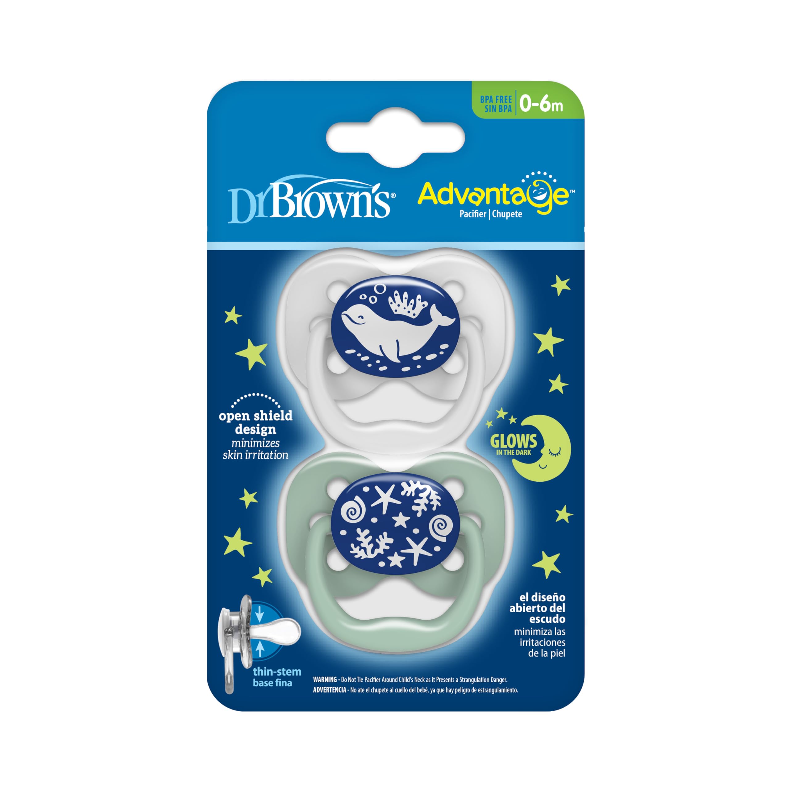 Dr. Brown’s Advantage Glow-in-the-Dark Pacifier, 100% Silicone Baby Paci Symmetrical Soother, 0-6m, BPA free, Blue, 3 Pack