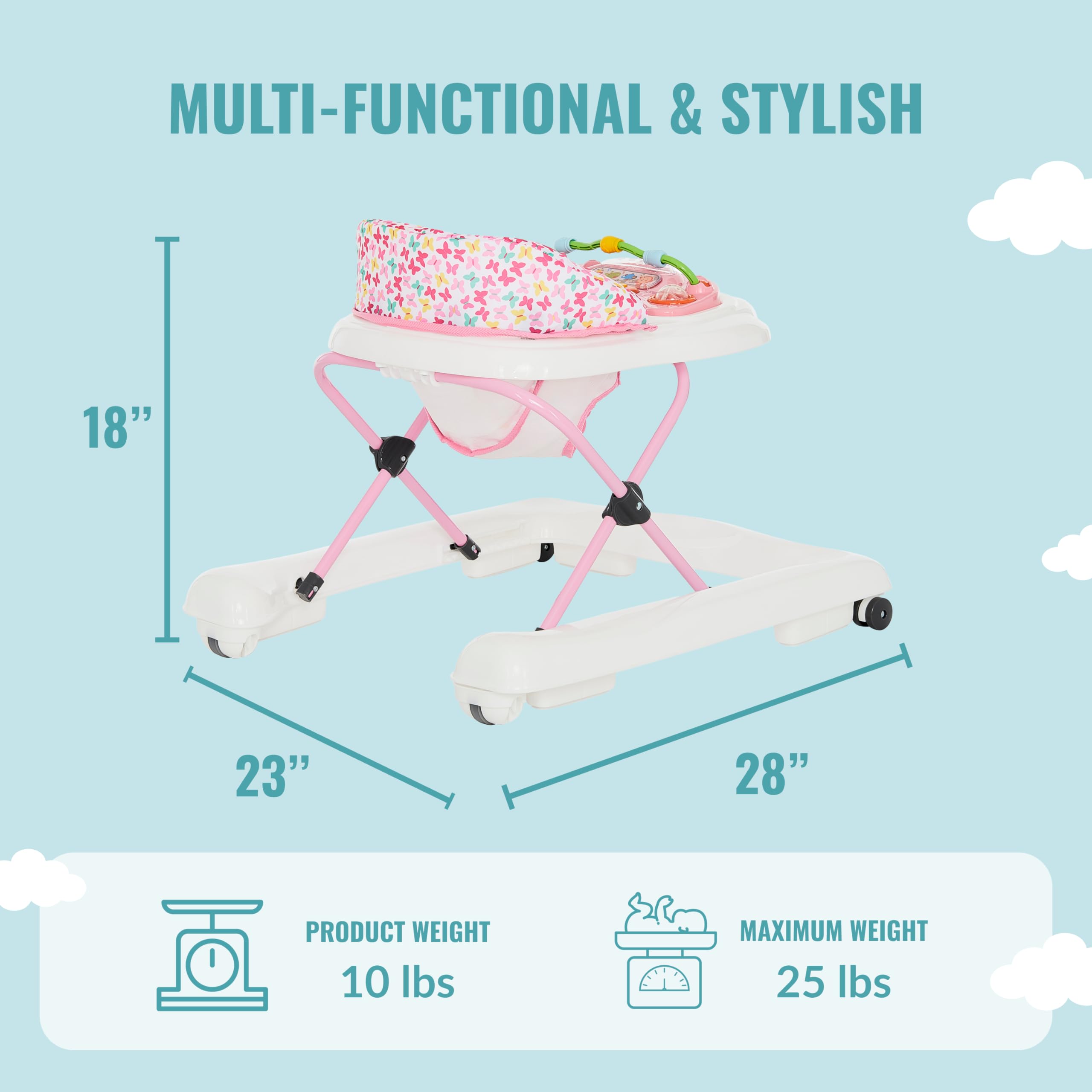 Dream On Me 2-in-1 Ava Baby Walker, Easy Convertible Baby Walker, Walk Behind, Height Adjustable Seat, Added Back Support, Detachable Slate, Spring Pink