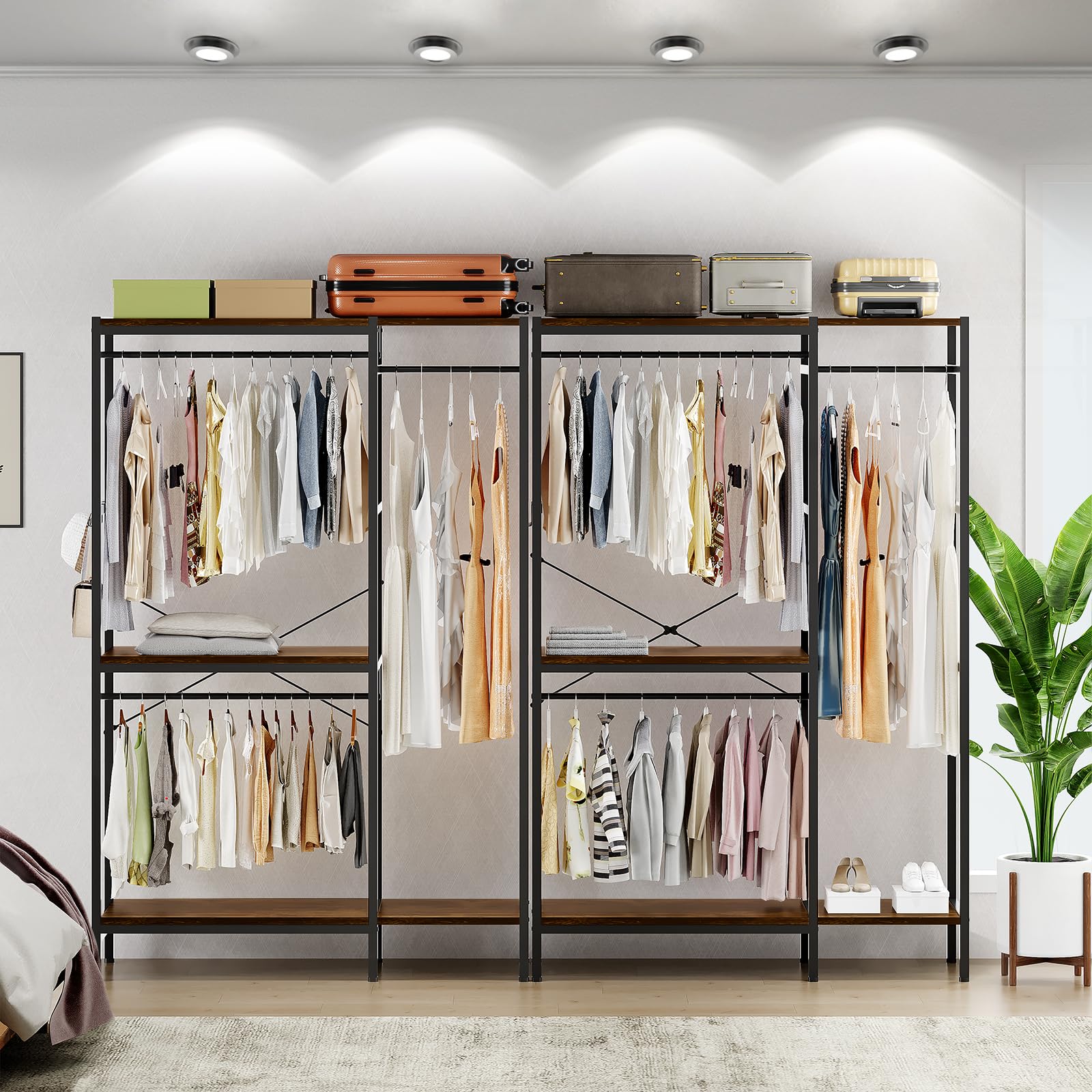 ZERDER Clothes Rack, Heavy Duty Garment Rack for Clothes, Clothing Racks with Shelves and 4 Side Hooks, Freestanding Metal Wooden Closet Organizer (Rustic Brown)