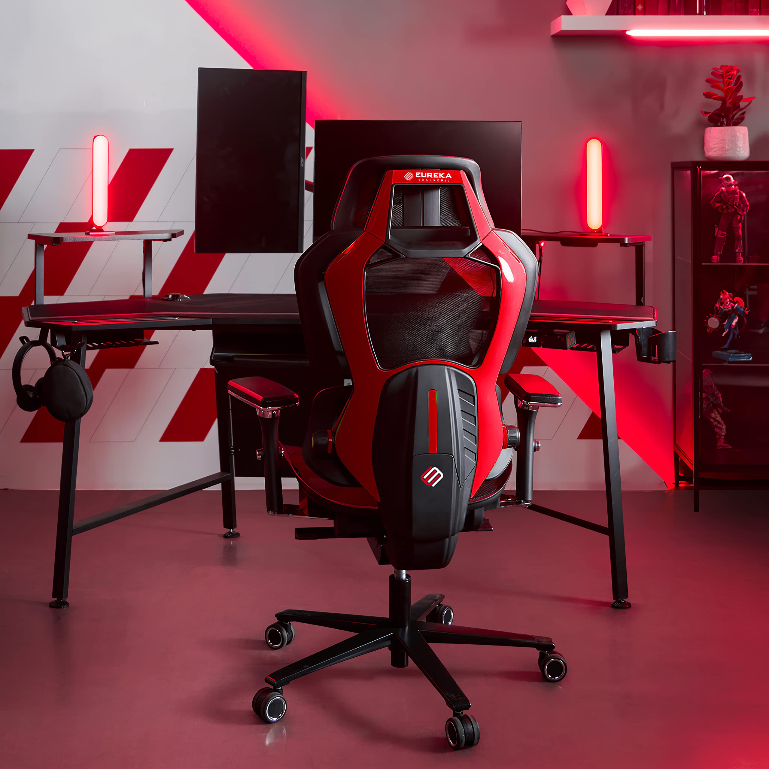 EUREKA ERGONOMIC Z Shaped Gaming Desk with Typhon Gaming Chair Red 60 Inch Gaming Desk,Large Home Office Desk for Computer Home Office