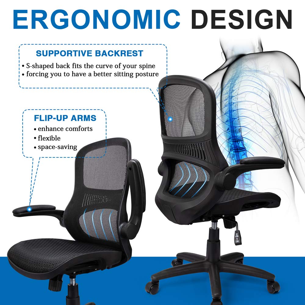 Funria Mid Back Mesh Office Chair Adjustable Ergonomic Swivel Executive All Mesh Task Chair with Flip Up Armrests Lumbar Support Computer Desk Chair
