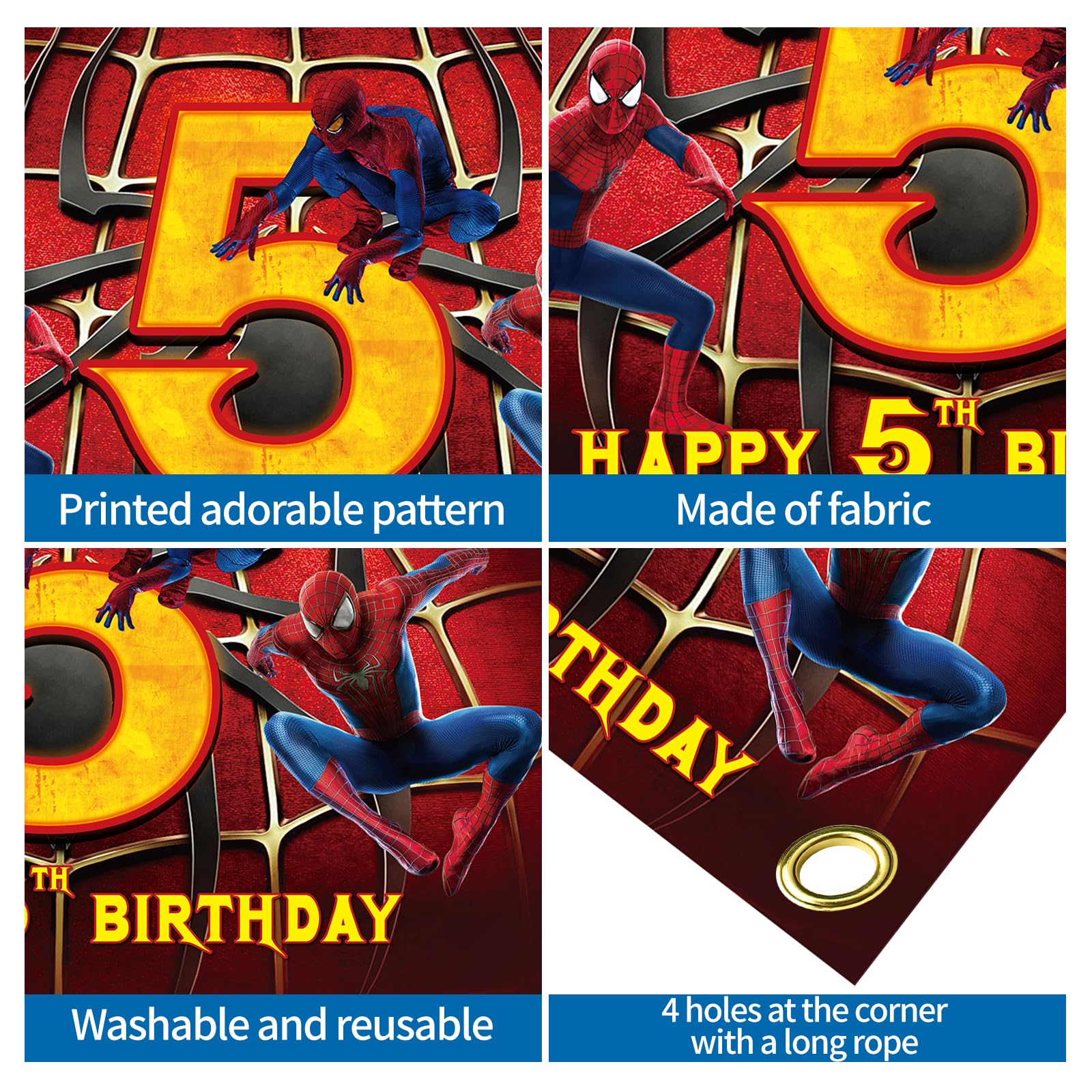 Dikovo Spider 5th Birthday Backdrop Decorations, Spider Theme Birthday Banner for Kids 5th Birthday Party Decoration Supplies