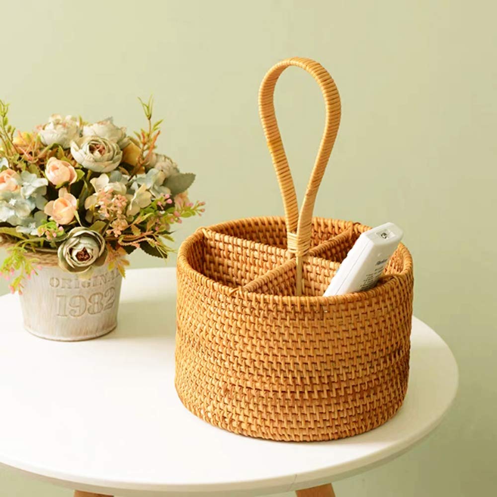 i-lan 2 Pack Rattan Round Condiment Carrier Cooking Utensil Caddy Holder- 4-Compartment Handmade Flatware Organizer Silverware Caddy for Tabletop,Parties, Cooking Utensil Condiment Organizer