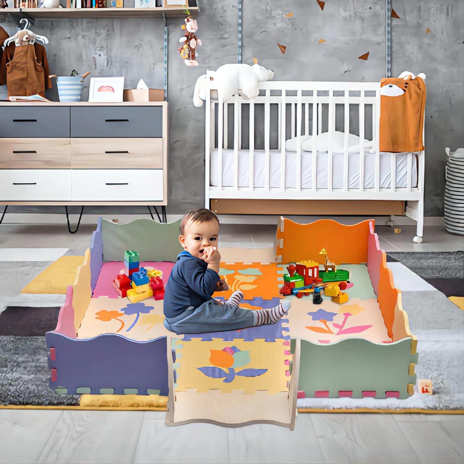 Elsjoy 25 Pieces Play Mat with Fence, Thick Interlocking EVA Foam Mat Floor Tiles, Large Puzzle Playmat Crawling Mat, 9 Flower Patterns