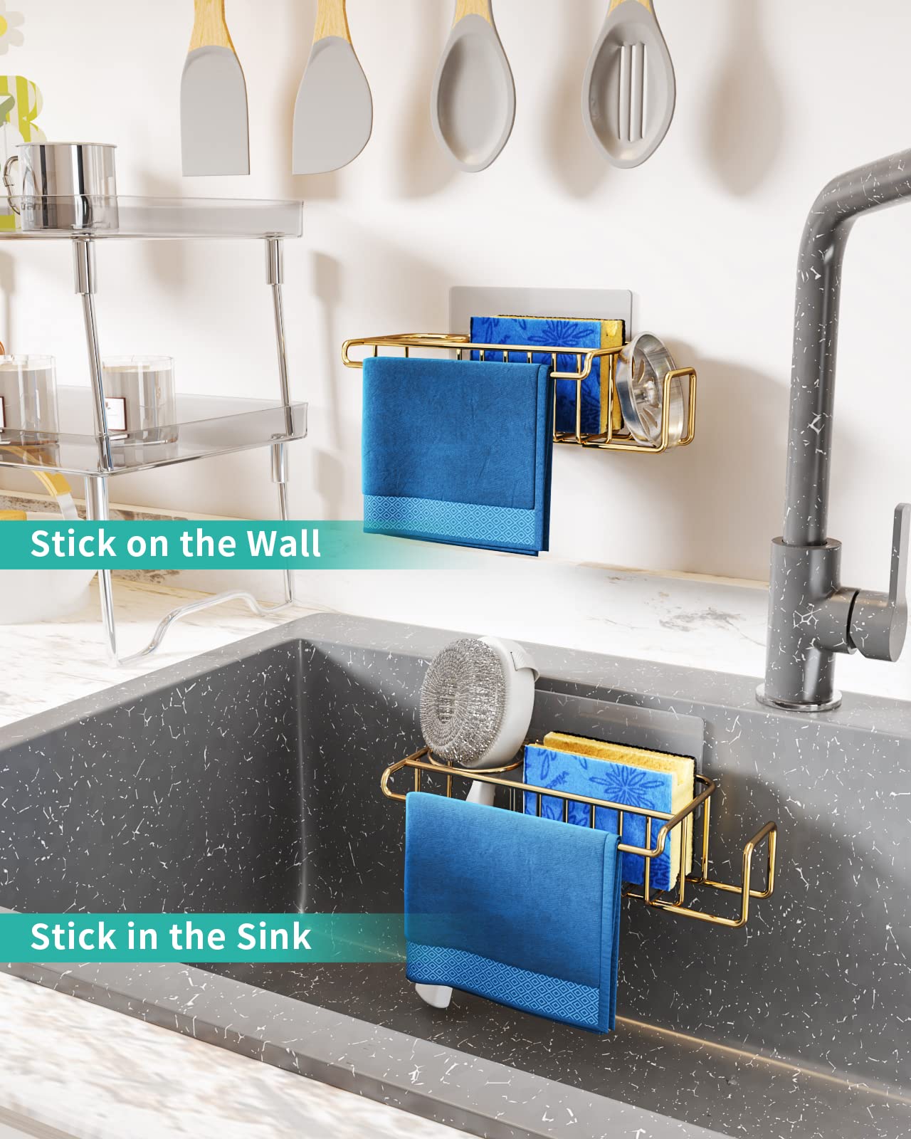 HapiRm Sponge Holder for Kitchen Sink, No Drill Sink Caddy Kitchen Sink Organizer, Rustproof Sink Sponge Holder- Gold(8.46 * 3.54 * 2.36in)