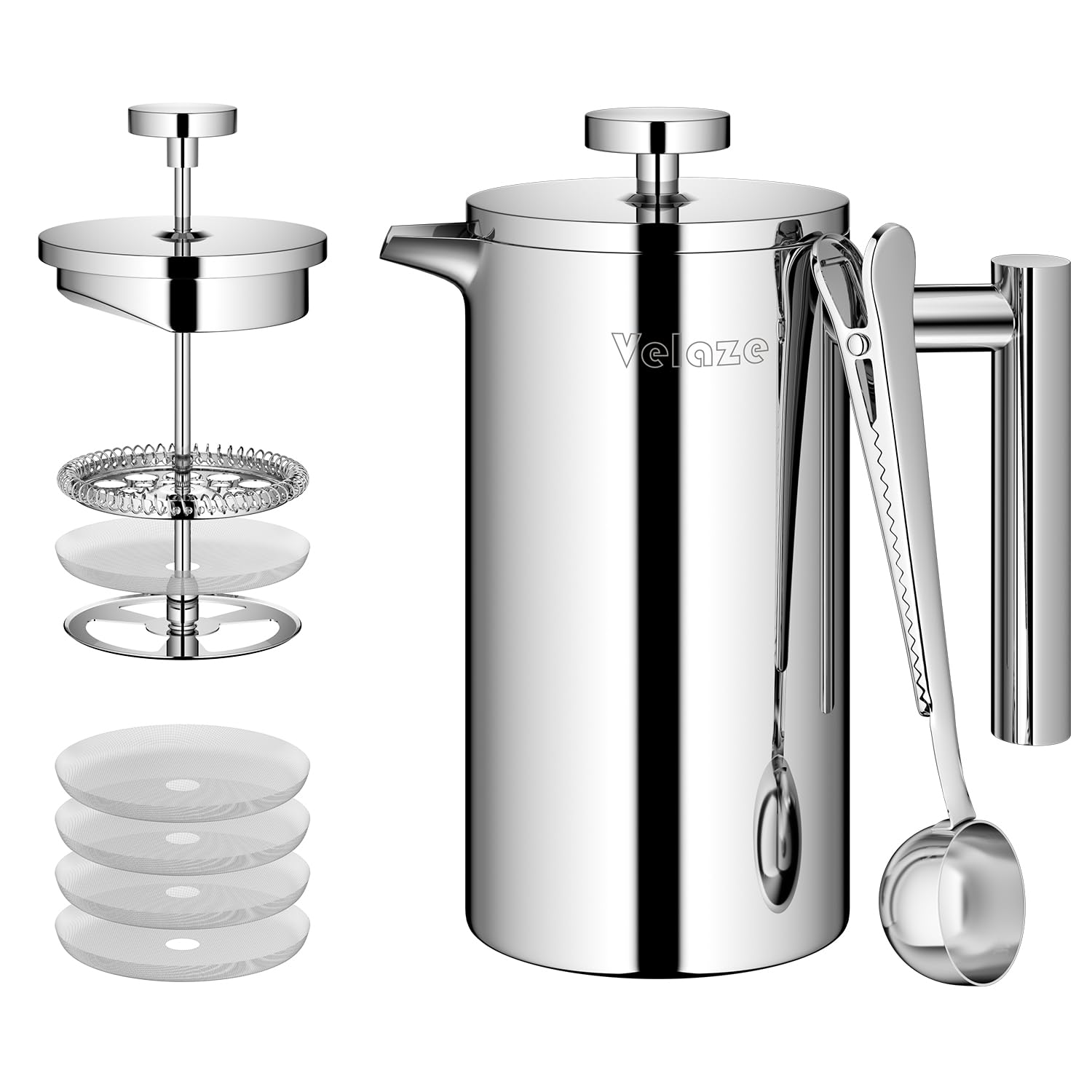 Velaze French Press Coffee Maker 34oz, Double Wall Insulated French Coffee Press Stainless Steel, 1L Coffee Maker Included 4 Extra Fliters and 1 Coffee Spoon