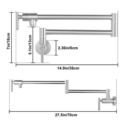 Launceter Pot Filler Faucet, Wall Mount Pot Filler Solid Brass Brushed Nickel Kitchen Faucets, Double Joint Swing Arm Kitchen Sink Pot Filler Faucets, Single Hole with 2 Handles(Brushed Nickel)