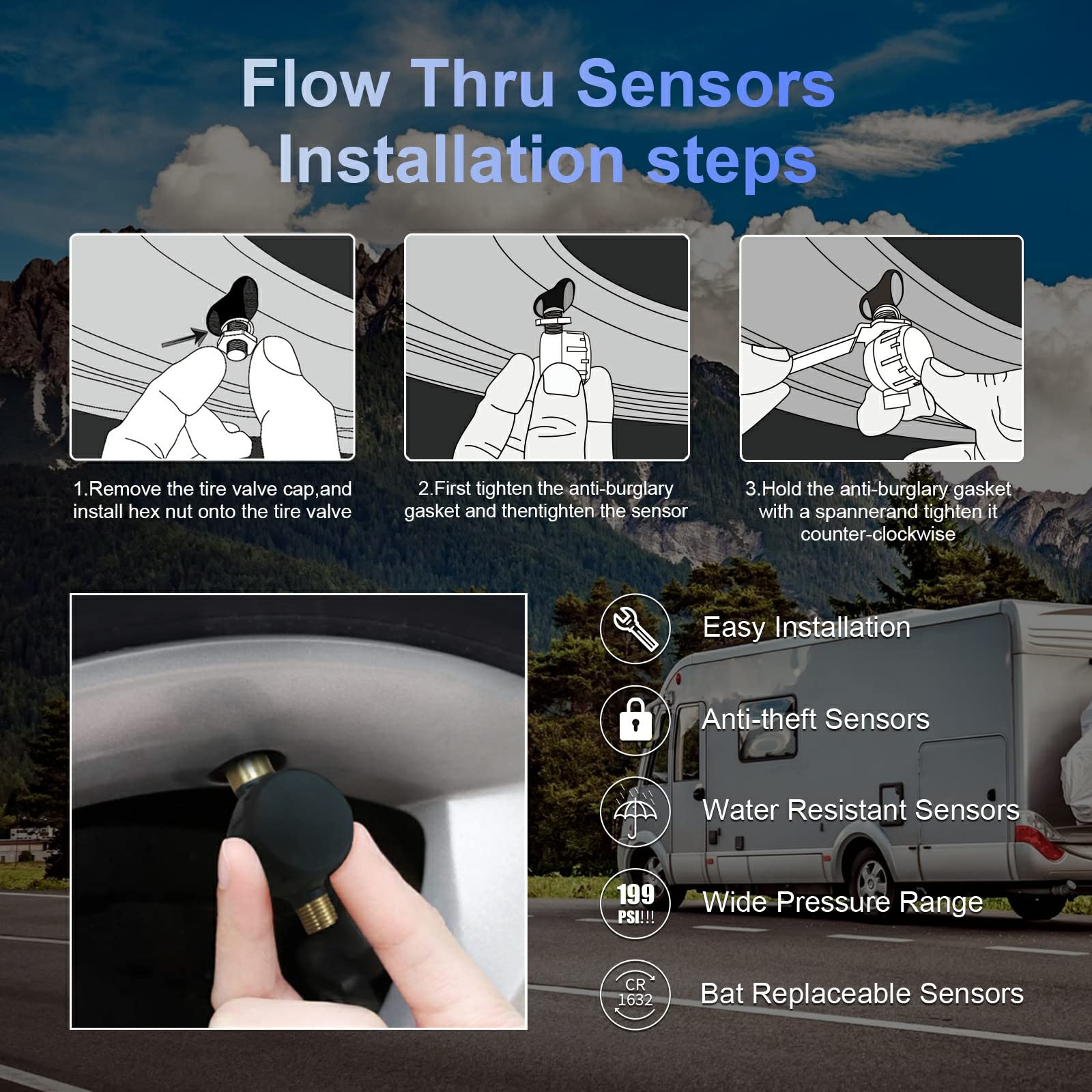 Easesuper Rv Tire Pressure Monitoring System, Large Screen Rv TPMS with 6 Flow Thru Sensors(0-199PSI) & Repeater,7 Alert Modes & Real Time Display Pressure&Tempereture, Auto Sleep,for Trailer,Truck