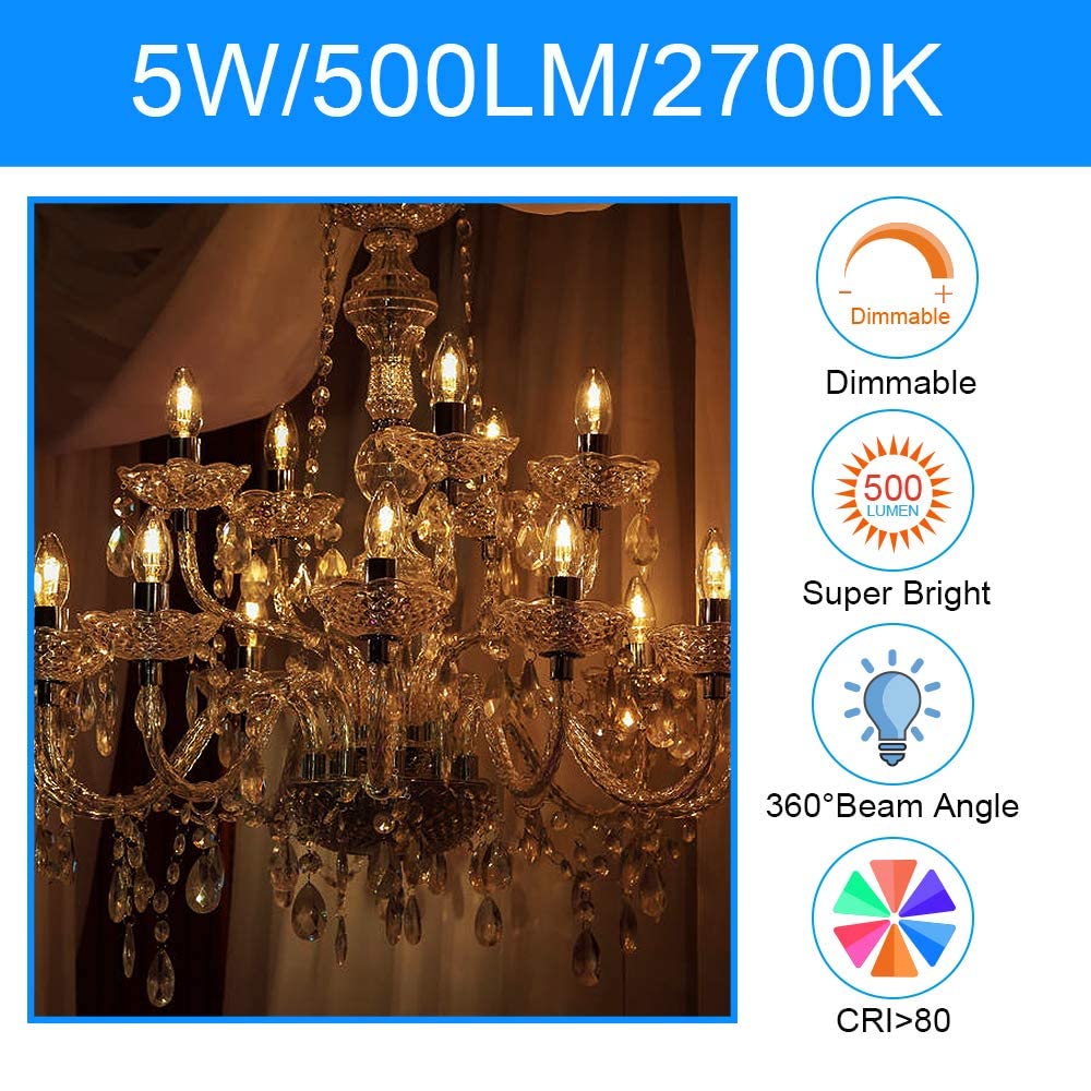 E ENERGETIC LIGHTING LED Chandelier Bulbs 60 watt, Dimmable B10 LED Candelabra Bulb, Daylight 5000K, E12 Candle Light Bulbs, UL Listed, 8 Pack