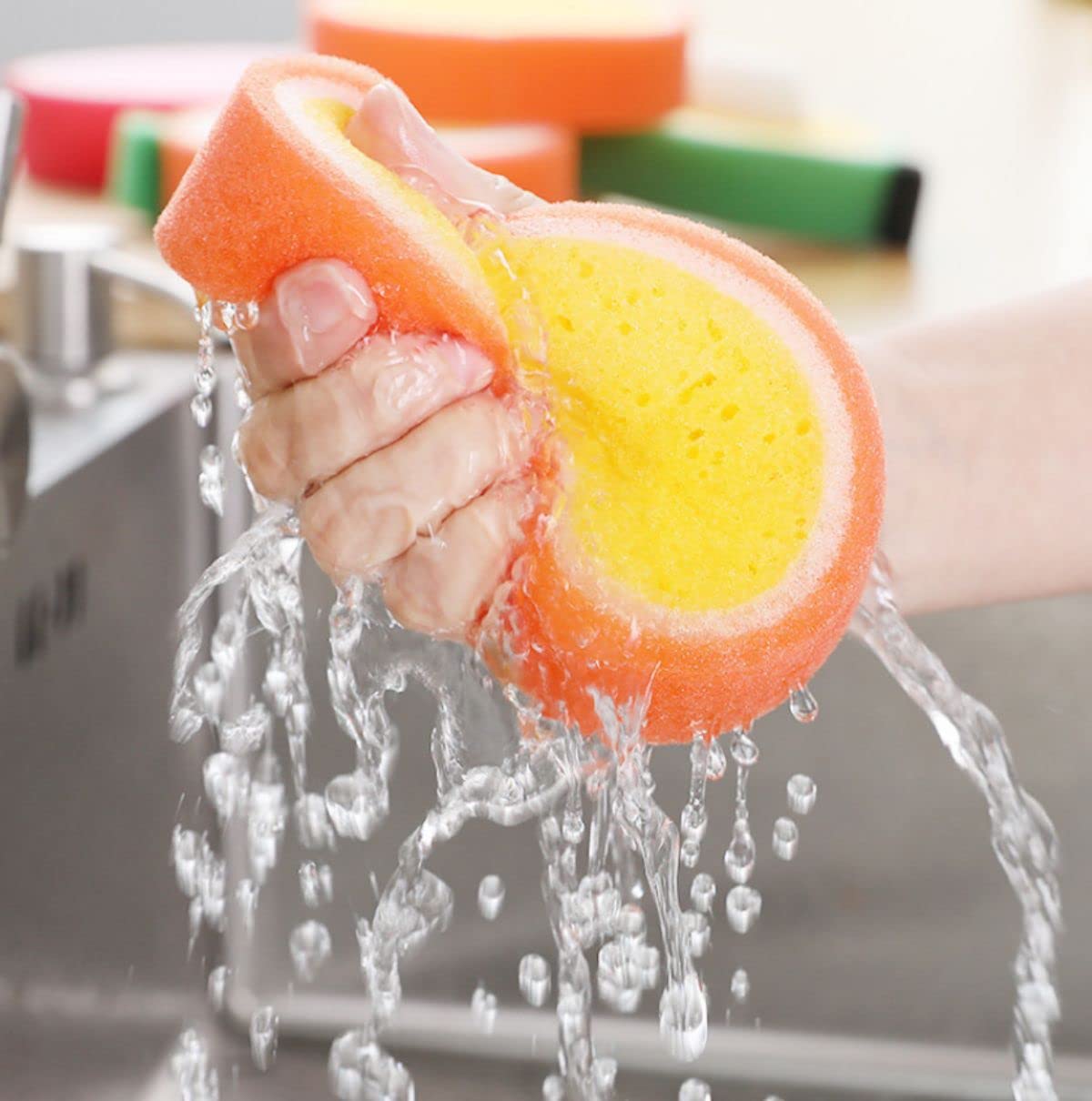 Elsjoy 8 Pack 4 Styles Bath Sponges, Fruit Shaped Bathing Sponges Cute Dish Cleaning Scrubber, Kitchen Sponge Body Wash Sponges for Shower Exfoliating, Kiwi/Orange/Melon/Strawberry