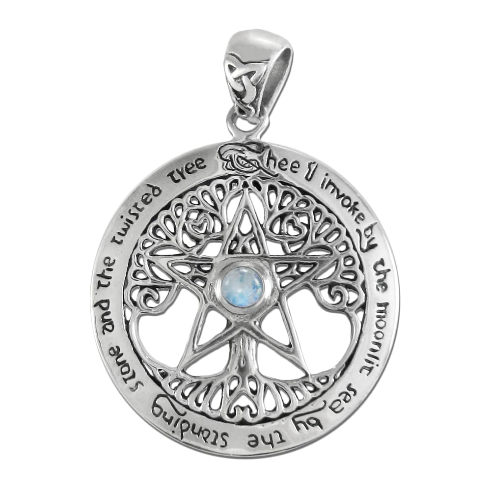 Dryad Design Pentacle Tree of Life Pentagram Pendant (1.25 inch) - Sterling Silver Rainbow Moonstone Wiccan Pagan Jewelry for Men or Women