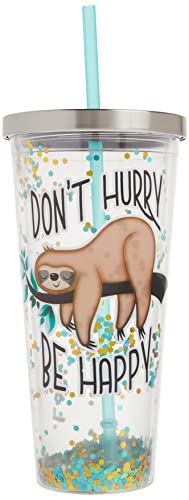 Spoontiques - Glitter Filled Acrylic Tumbler - Glitter Cup with Straw - 20 oz - Stainless Steel Locking Lid with Straw - Double Wall Insulated - BPA Free - Sloth