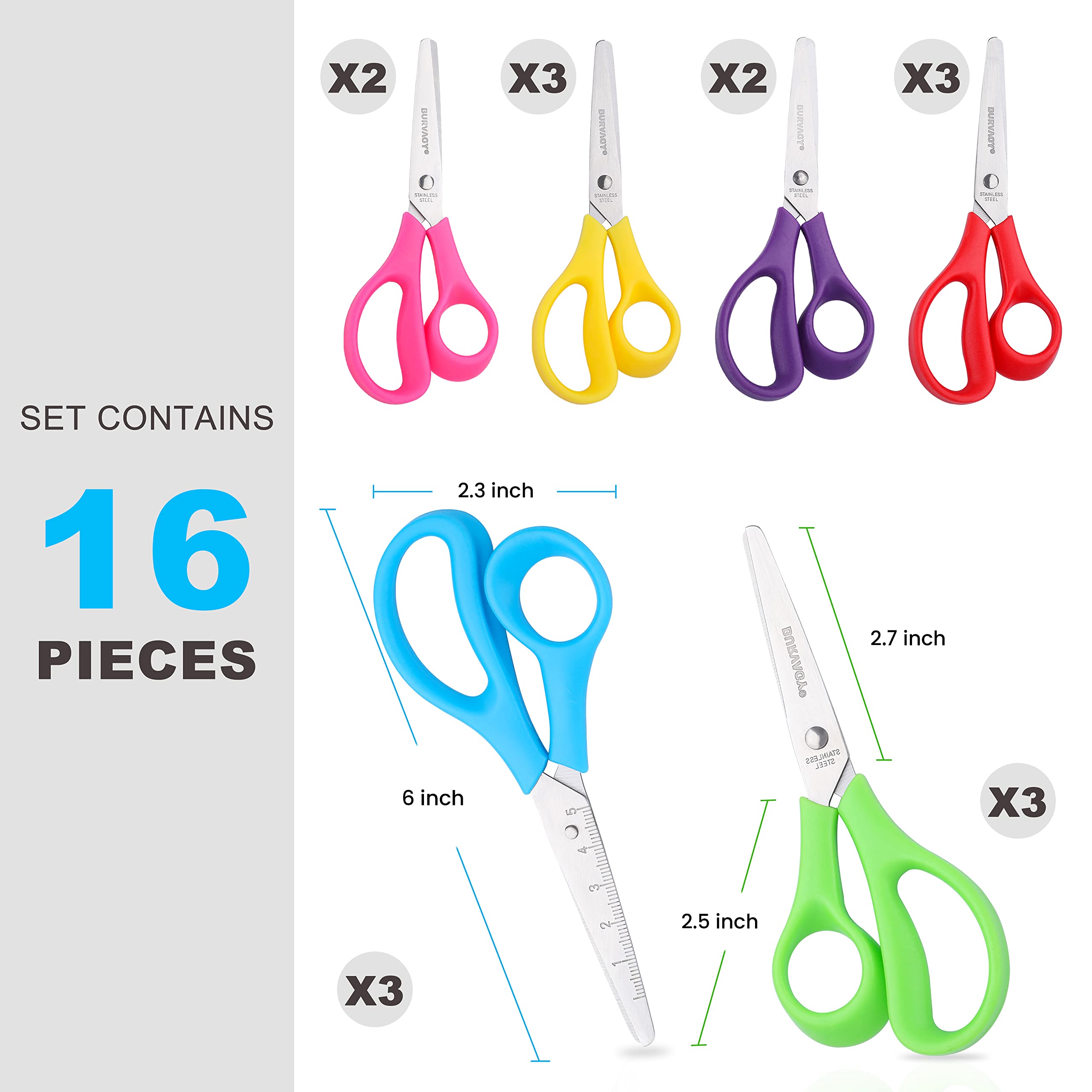 Scissors, BURVAGY 6" Multipurpose Scissors Bulk 16-Pack, Right/Left Handed Comfort-Grip Handles Ultra Sharp Blade Shears Sturdy Sharp Scissors for Office Home School Sewing Fabric Craft Supplies