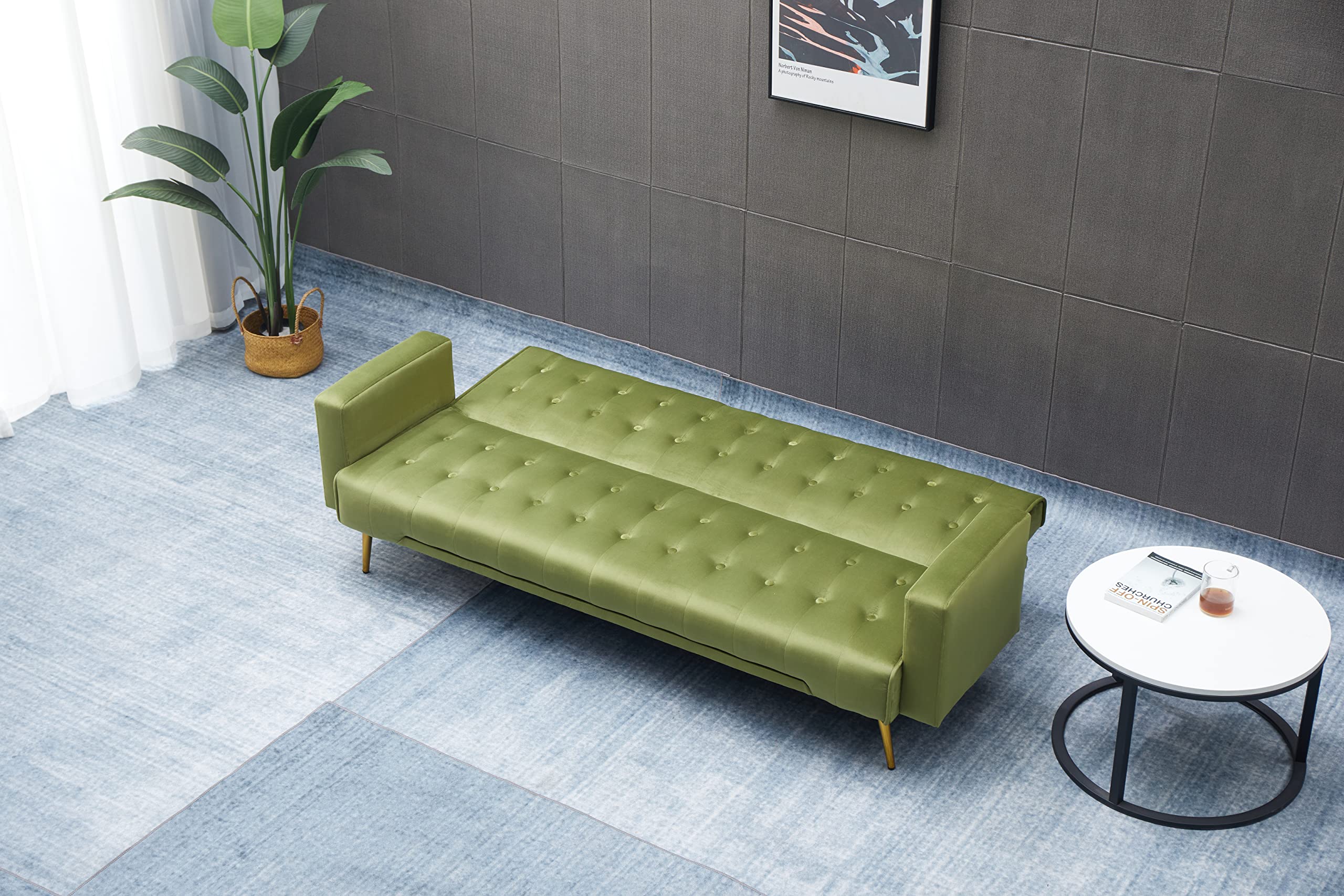 MODCART 75 Inch Velvet Futon Sofa Bed with Adjustable Back, Convertible Futon Couch, w/Tufted Buttoned Design & Metal Legs, Upholstered Slpper Bed for Home, Small Space Apartment