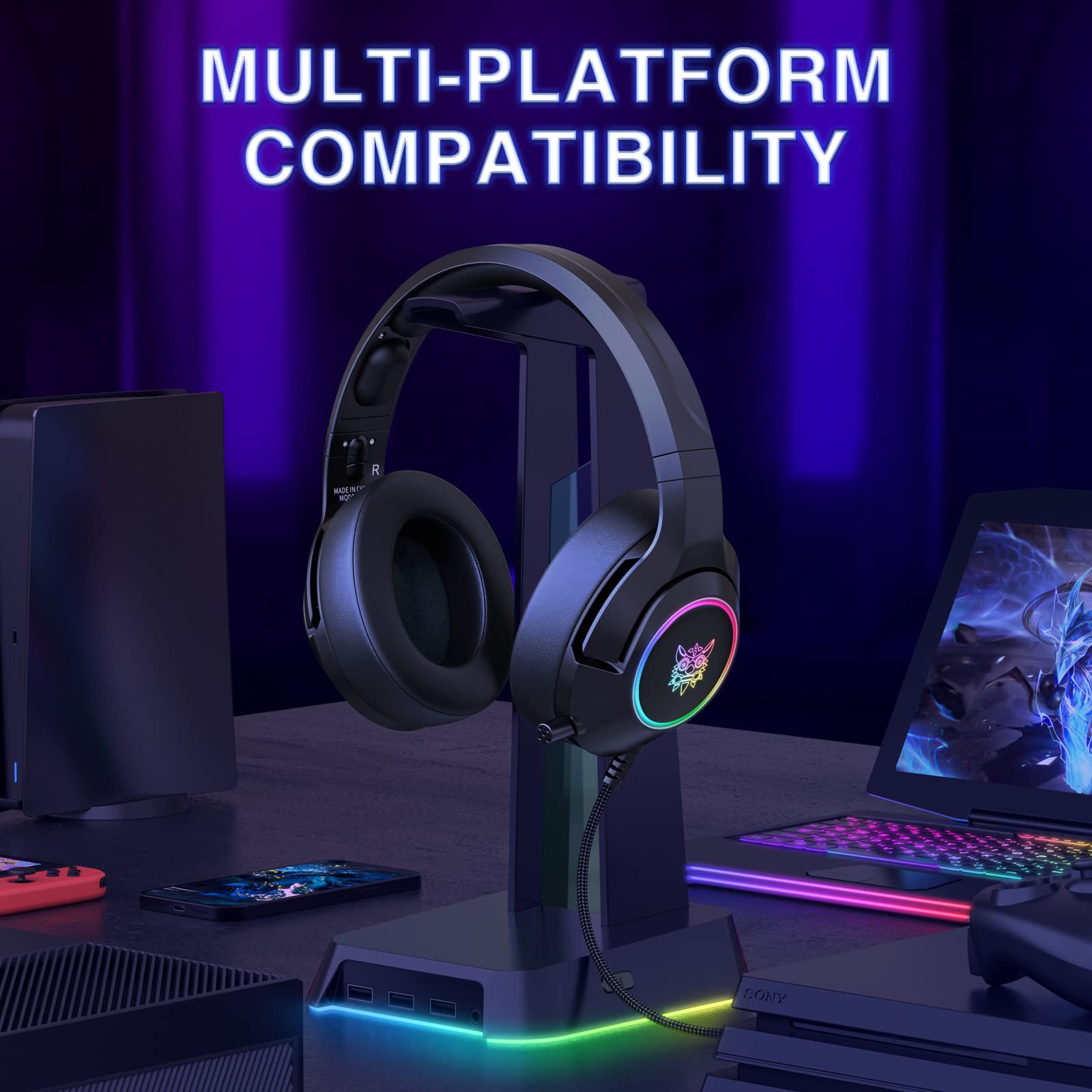 Gaming Headset with Microphone, Gaming Headphones RGB PS4 PS5 Headset with 360 Adjustable Noise Cancelling Mic, 3.5mm Audio Jack Over Ear Headphones Wired for PC Switch PlayStation Xbox Laptop