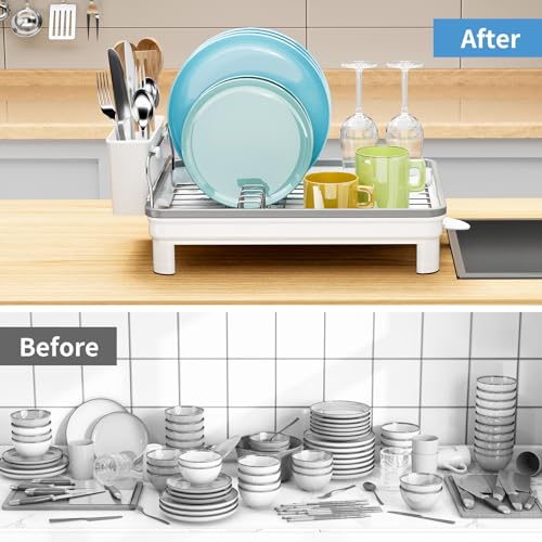 Ewaiira Dish Drying Rack, Dish Racks for Kitchen Counter, Anti-Rust Dish Dryer Rack with 360° Swivel Spout Drainboard Set, Utensil Holder and Cup Holder for Kitchen Countertop (White)