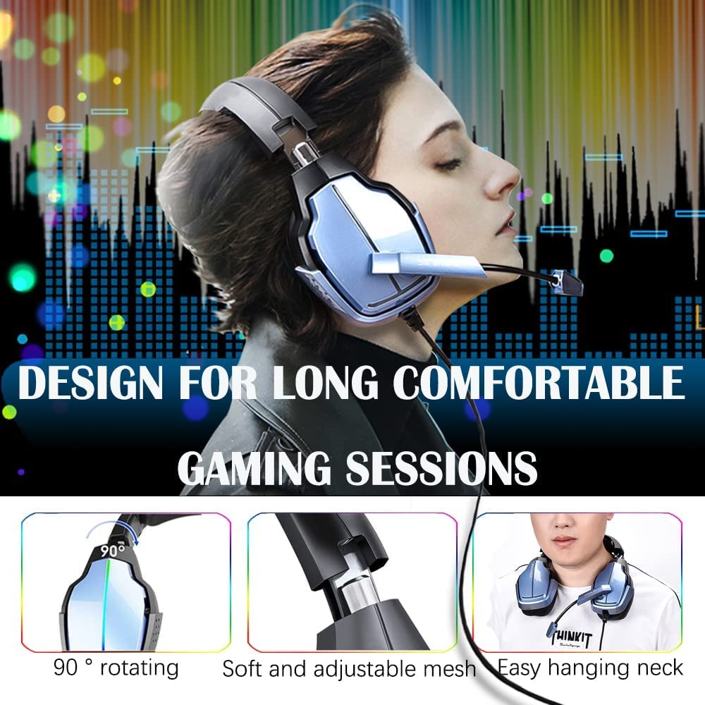 Gaming Headset for PS4 Xbox One Controller Laptop Mac Over-Ear Gaming Headphones with Microphone RGB Light Noise Cancelling & Volume Control Gaming Headphones with Microphone for PC (W/3.55mm Cable)
