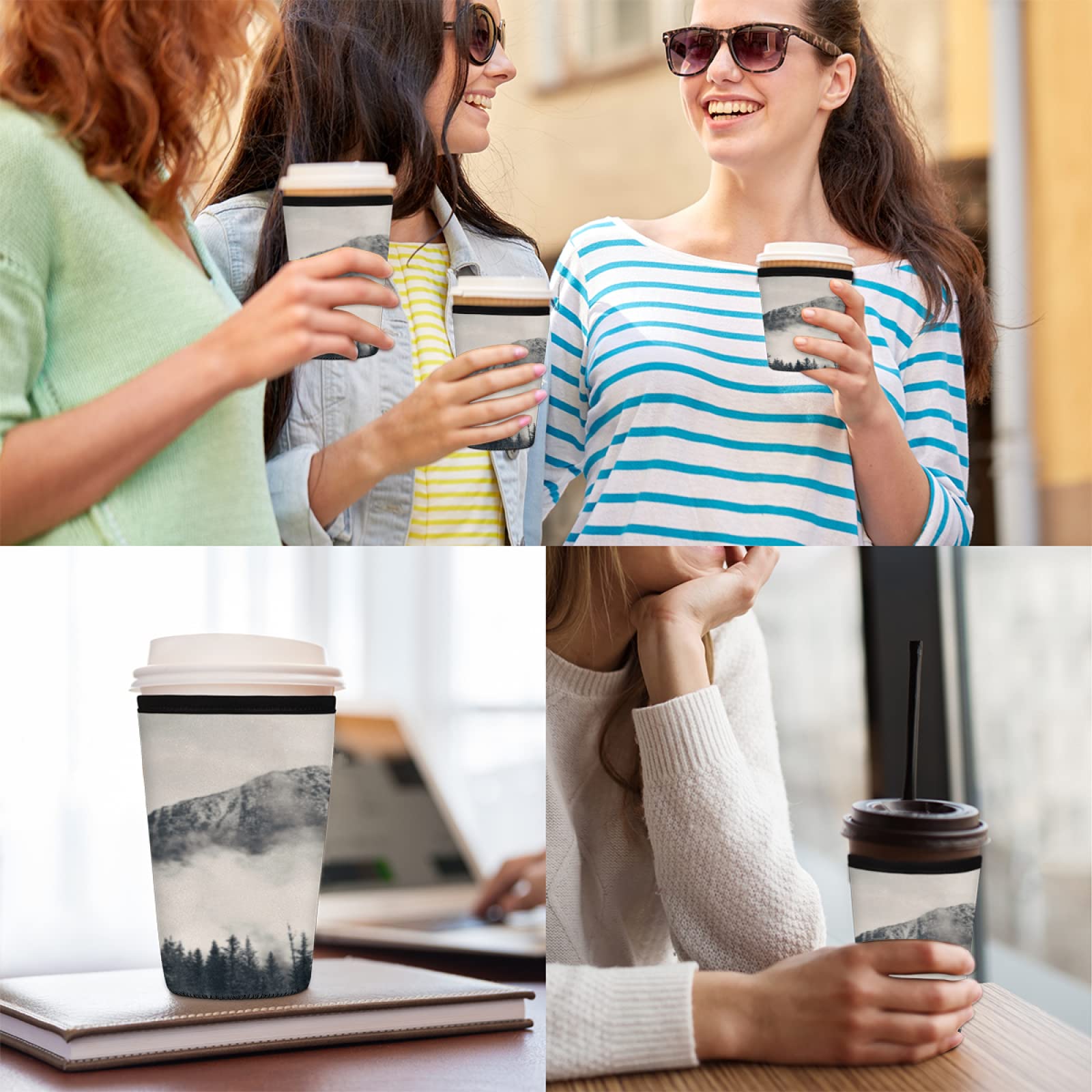 Iced Coffee Sleeve Foggy Mountain, Forest Tree Reusable Neoprene Insulated Sleeves Cup Cover Holder for Cold Drinks Beverages 22oz - 24oz