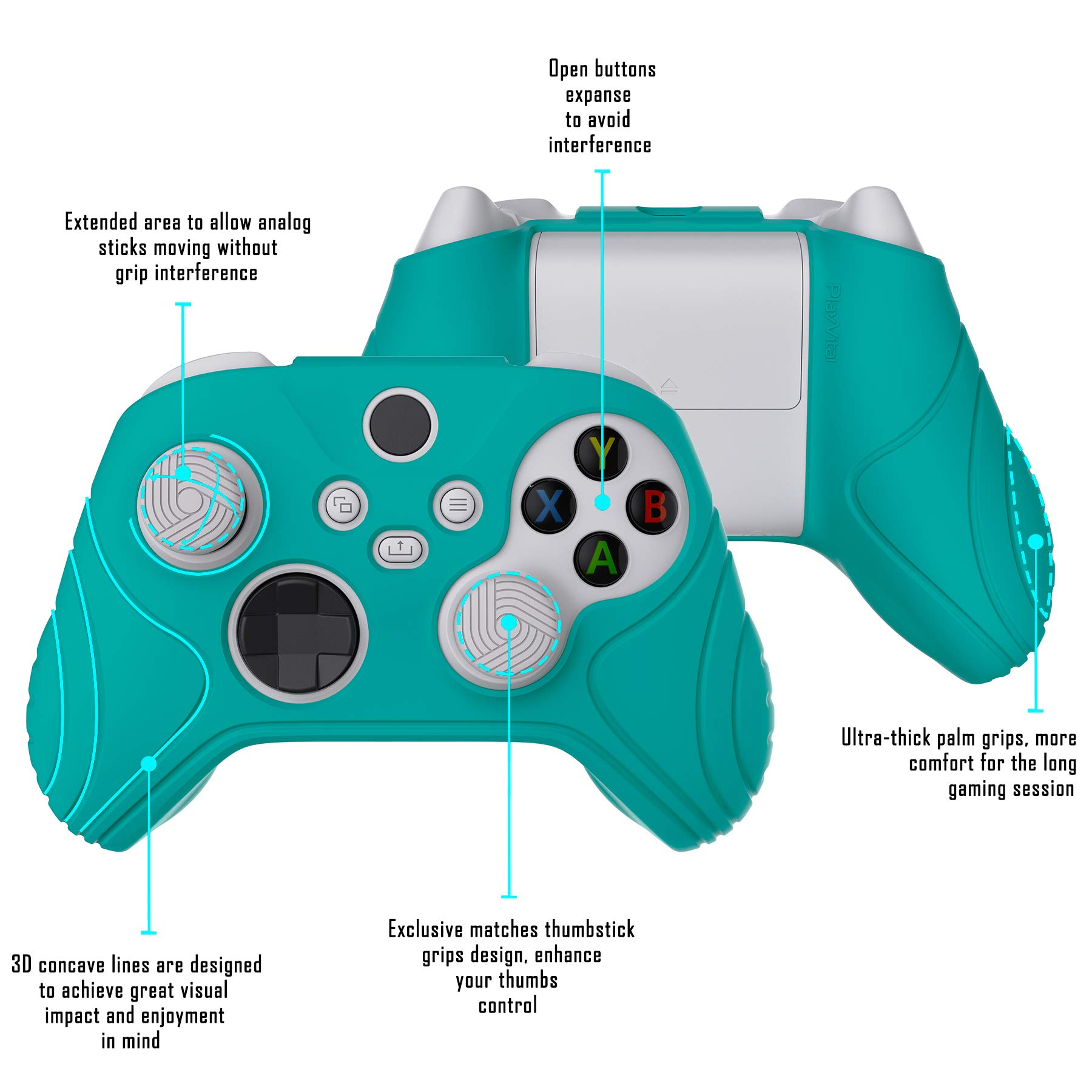 eXtremeRate PlayVital Samurai Edition Aqua Green Anti-Slip Controller Grip Silicone Skin for Xbox Core Controller, Ergonomic Protective Case Cover for Xbox Series S/X Controller w/Thumb Grips