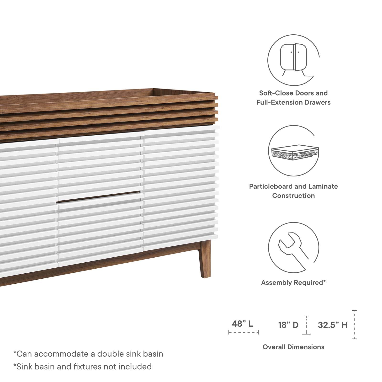 Modway Render 48" Bathroom Vanity Cabinet in White Walnut Basin Not Included, Double Sink