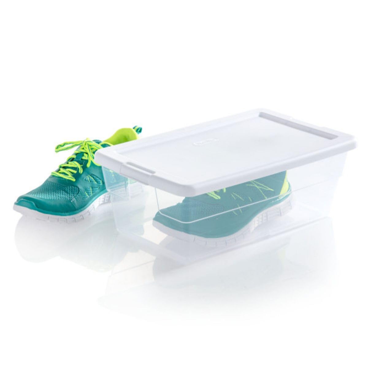 MEZHI 12 Pack 6 Qt Storage Box, Stackable Bin with Lid, Plastic Container to Organize Shoes and Crafts on Closet Shelves, Clear with White Lid