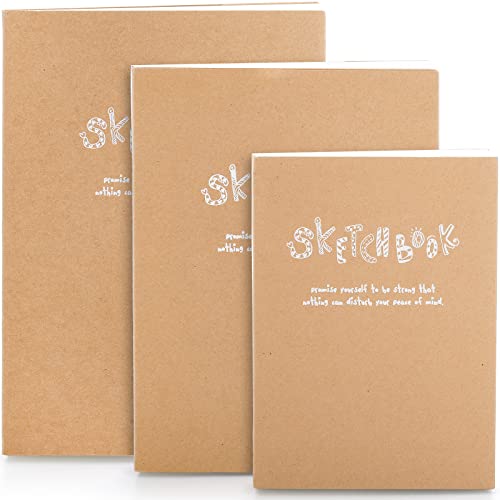 Elsjoy Set of 3 Kraft Sketchbook & Drawing Notebook, A5/A4/B5 Sketch Book Travel Journal Notebook with Thick Paper for Drawing & Sketching, 128 Sheets/256 Pages