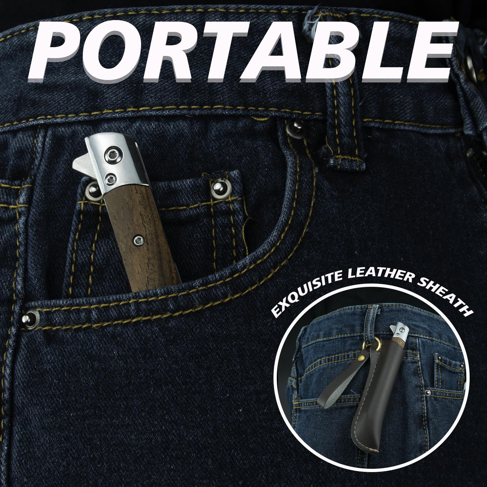 Ogival Pocket Knife for Men, 3.5 inch Folding Knife with Wooden Handle and Leather Sheath, Edc Tanto Knife for Men and Women