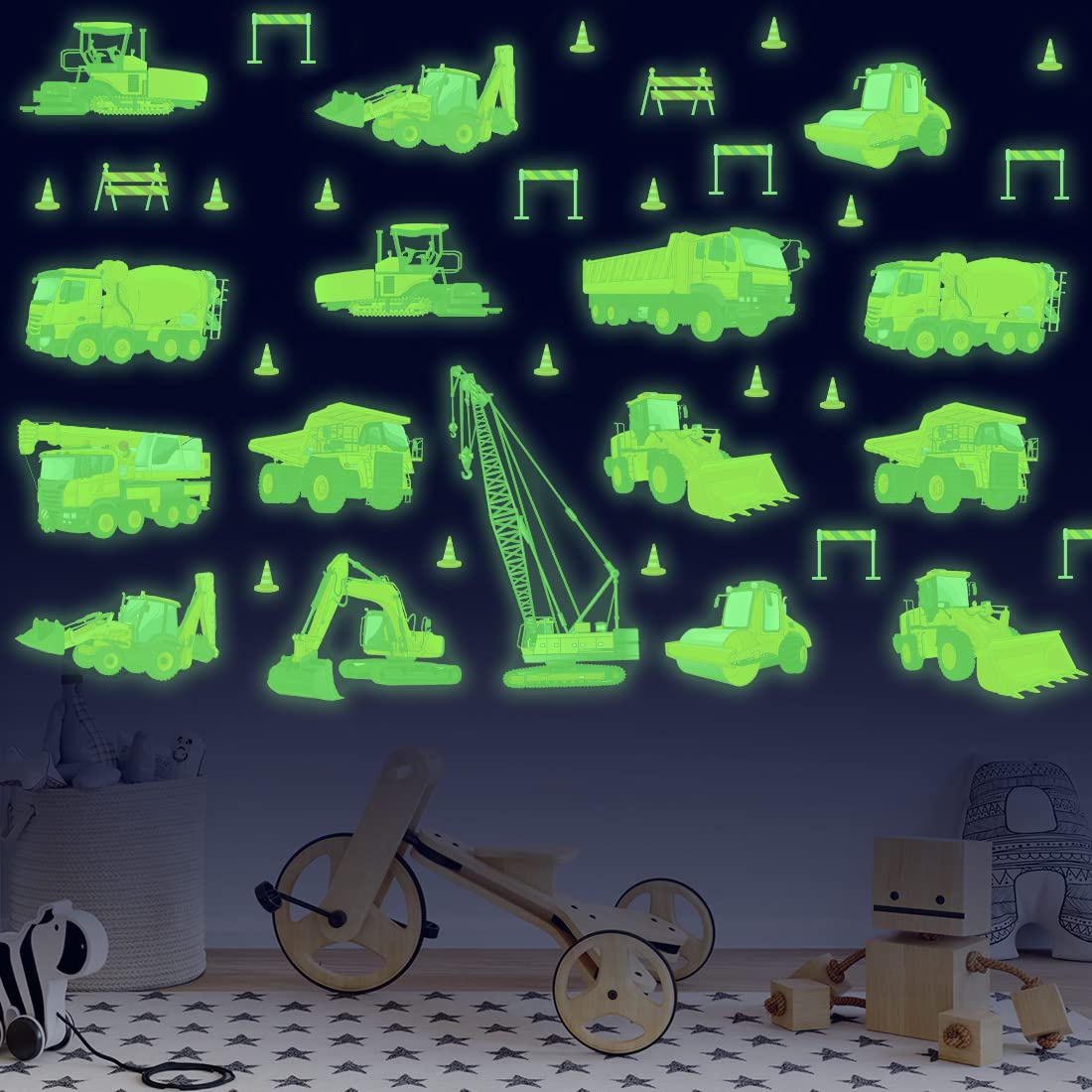TOARTi Glow in The Dark Construction Wall Stickers, Transport Truck Excavator Tractor Decals,Luminous Vehicle Wall Decal for Kids Boys Room Nursery Decor(4 Sheets, 49 pcs)