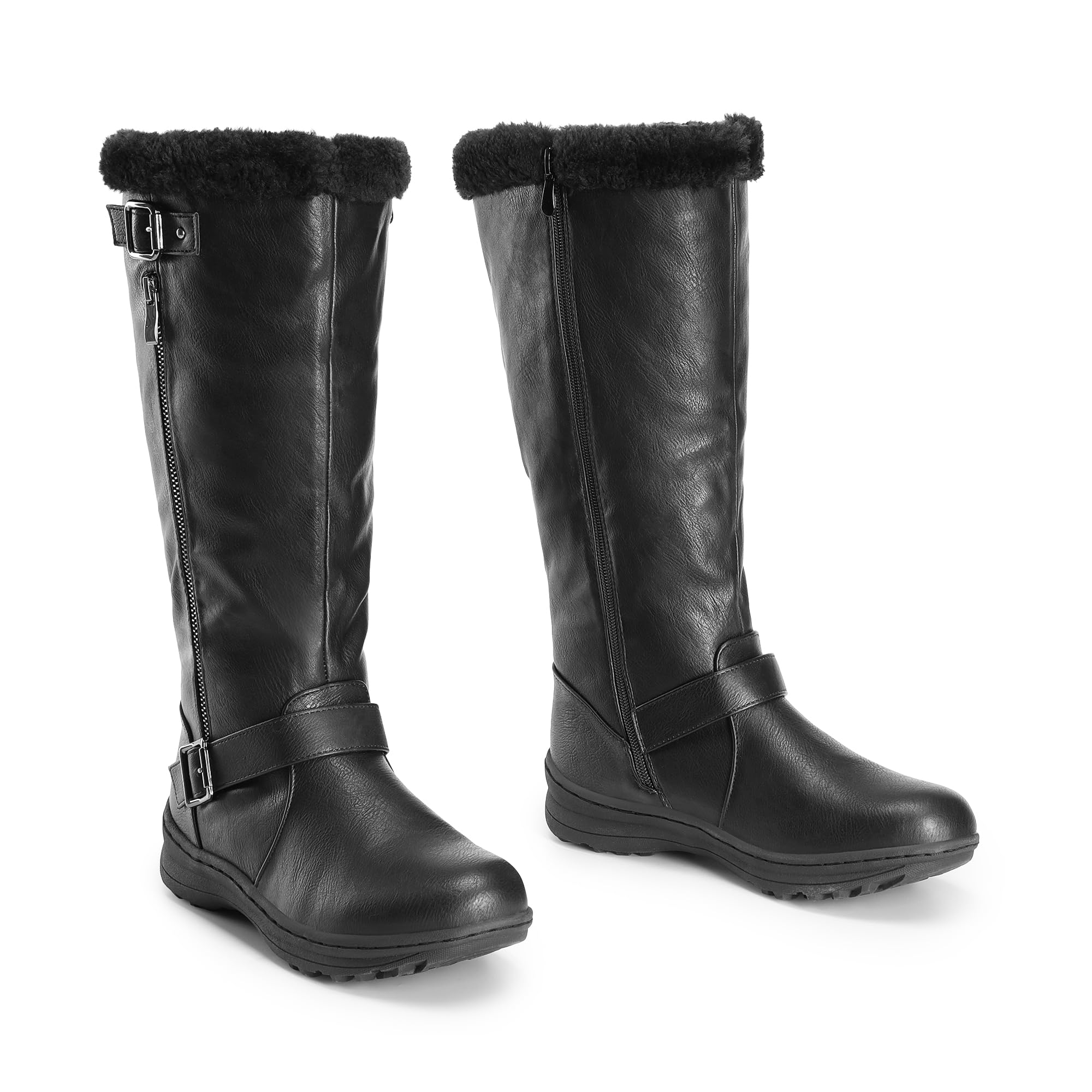 DREAM PAIRS Rabbit Women's Lady Winter Fully Fur Lined Double Buckle Ruched Snow Knee High Boots Black PU-SZ-9