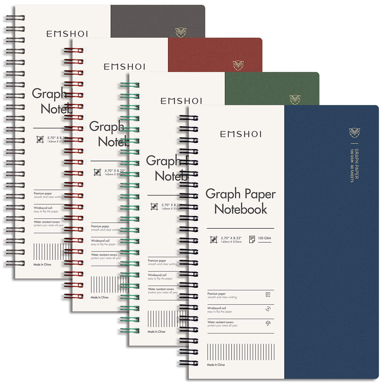 EMSHOI Graph Paper Spiral Notebook 5.7" x 8.22" - 4 Pack 640 Pages 100gsm Thick Grid Paper, A5 Graph Paper Notebook, Plastic Hardcover Journals for Writing Engineering Graphing Work School Supplies