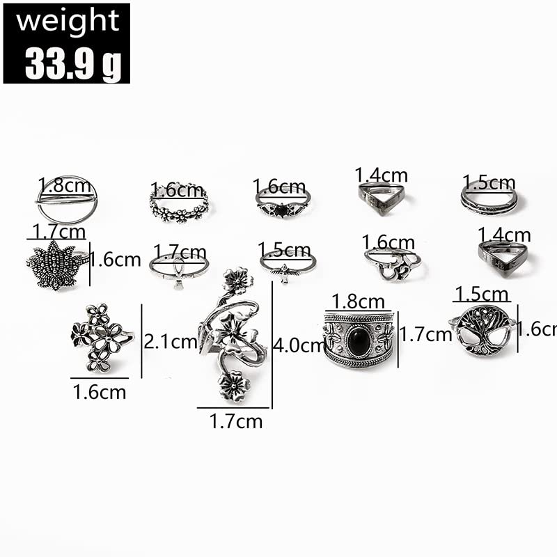 Fashion Ladies Vintage Lotus Openwork Carved Black Gemstone Rings 14 Piece Combination Set (style 1)