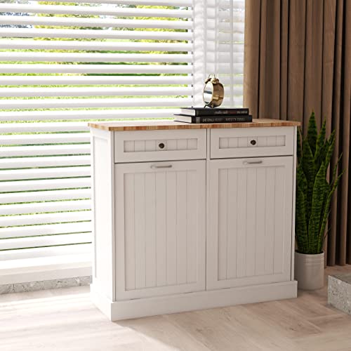 OQSC Double Tilt Out Trash Cabinet with 2 Drawers Wooden Free Standing Laundry Sorter Cabinet Kitchen Recycling Trash Can Bin Holder Cabinet with Storage (White)