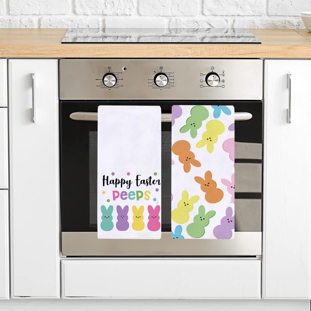 Happy Easter Peeps Kitchen Dish Towel 18 x 28 Inch, Spring Summer Rabbit Tea Towels Dish Cloth for Cooking Baking Set of 2