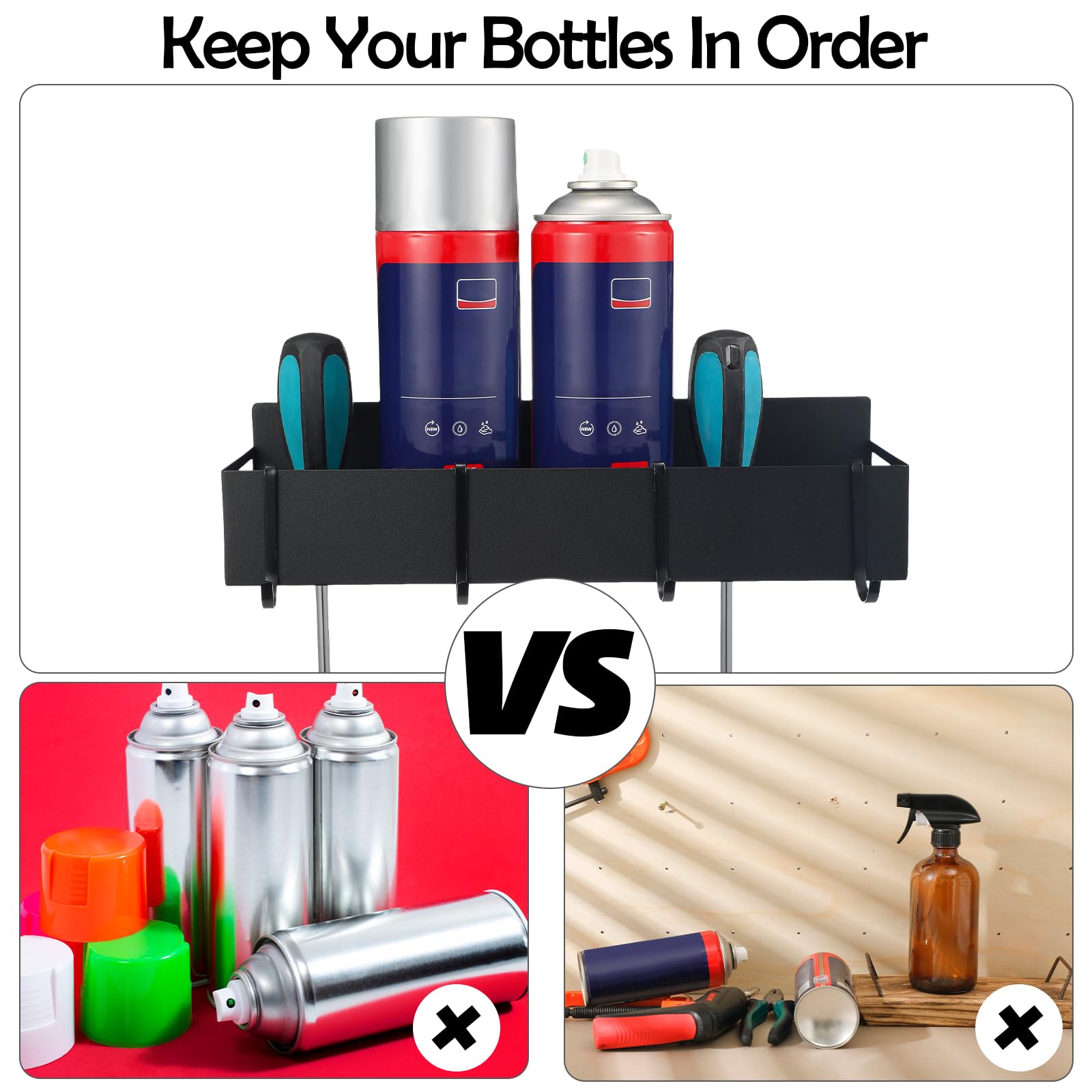 MorningRo 4 Pcs Magnetic Aerosol Spray Can Holder with 4 Hook Magnet Toolbox Bottle Holder 2 Size Wall Mounted Spray Bottle Holder Spray Can Organizer Aerosol Can Rack for Garage Home Workspace, Black