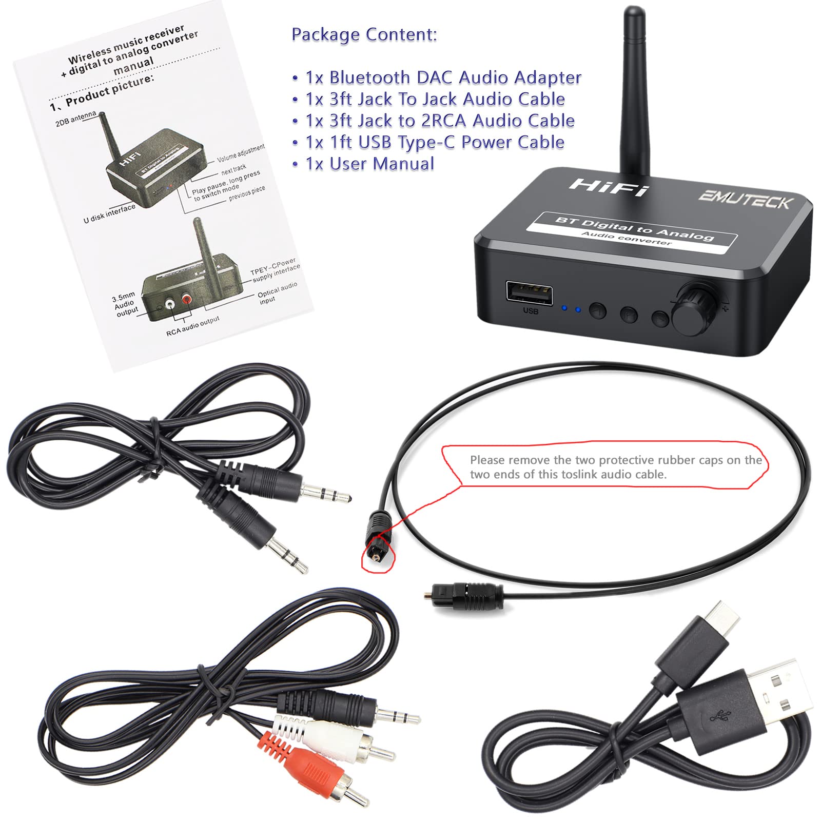 EMUTECK 192kHz Digital to Analog Audio Converter DAC Optical Toslink SPDIF to L/R RCA AUX 3.5mm Jack Adapter, Bluetooth Receiver, USB MP3 Player, Adjustable Volume for TV PS3 PS4 Xbox DVD Home Stereo