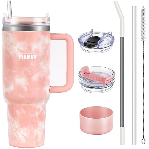 TEAMVV 40 oz Tumbler with Handle and Straw Stainless Steel Vacuum Insulated Tumbler Tea or Iced Coffee Mug for Hot or Cold Beverages 40 oz Tumbler with Handle(Peach Tie Dye)