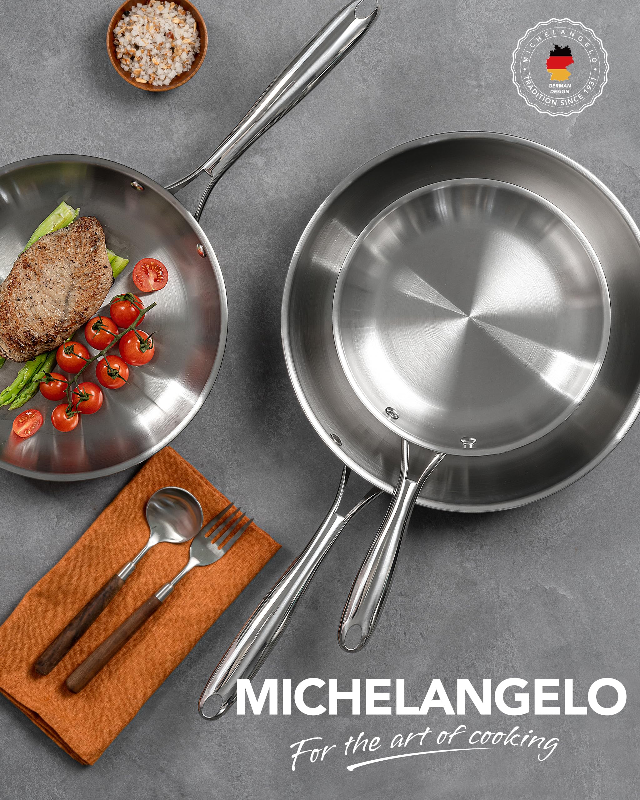 MICHELANGELO Stainless Steel Frying Pan Set, 8" / 9.5" / 11" Cooking Pans, Triply Base Stainless Steel Pan Set with Ergonomic Handle, Induction Compatible