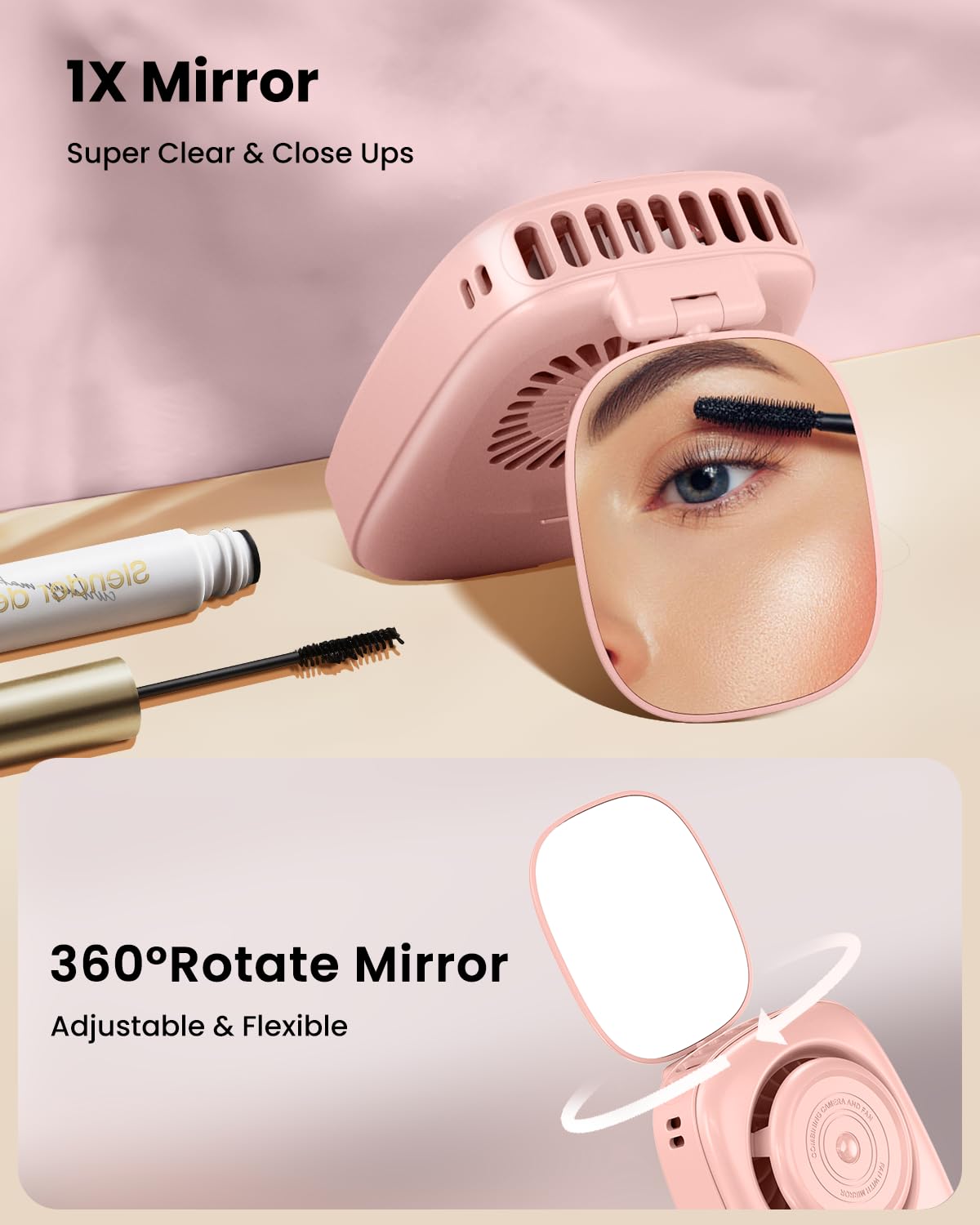 Gaiatop Neck Fan Rechargeable Mini Portable Fan Cute Camera Design, Small Desk Fan with 360°Rotate Mirror, 3 Speed USB Handheld Fan with LED Display, Cooling Personal Lash Fan Travel Essentials Pink