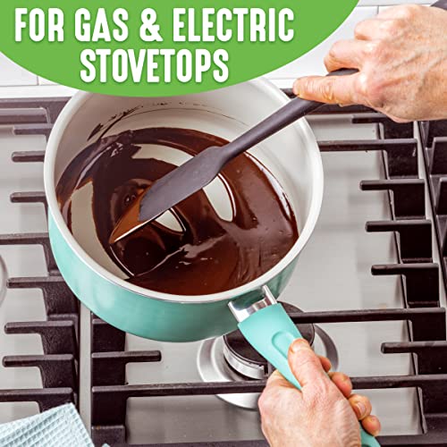 GreenLife Soft Grip Diamond Sandstone Healthy Ceramic Nonstick, 2QT Saucepan Pot with Lid, PFAS-Free, Dishwasher Safe, Turquoise and Cream