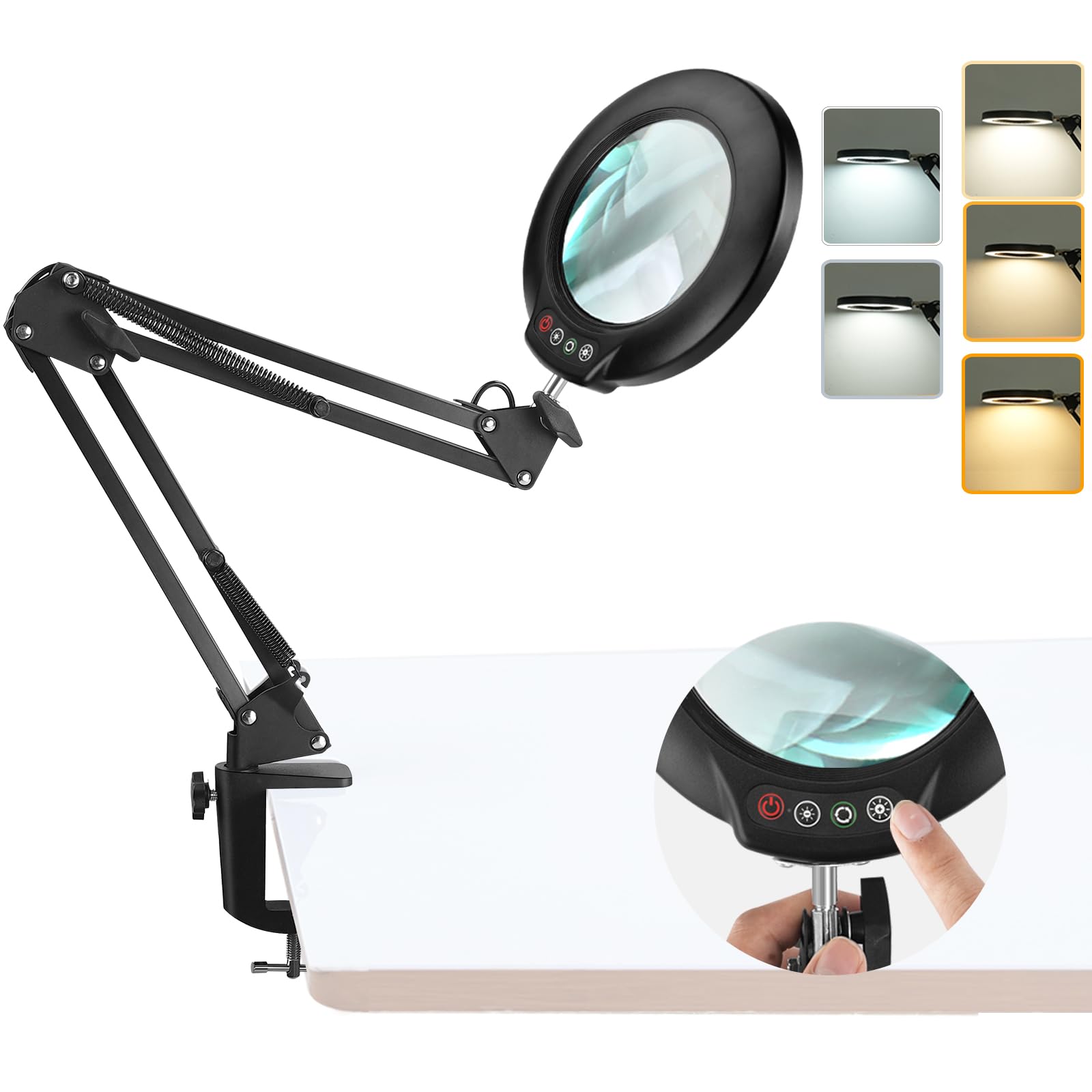 Drdefi 10X Magnifying Glass with Light and Clamp๏ผAdjustable Swing Arm LED Lighted Desk Lamp, 5 Color Modes Stepless Dimmable Hands Free Magnifier Lamp for Craft Hobby Close Works Painting Reading