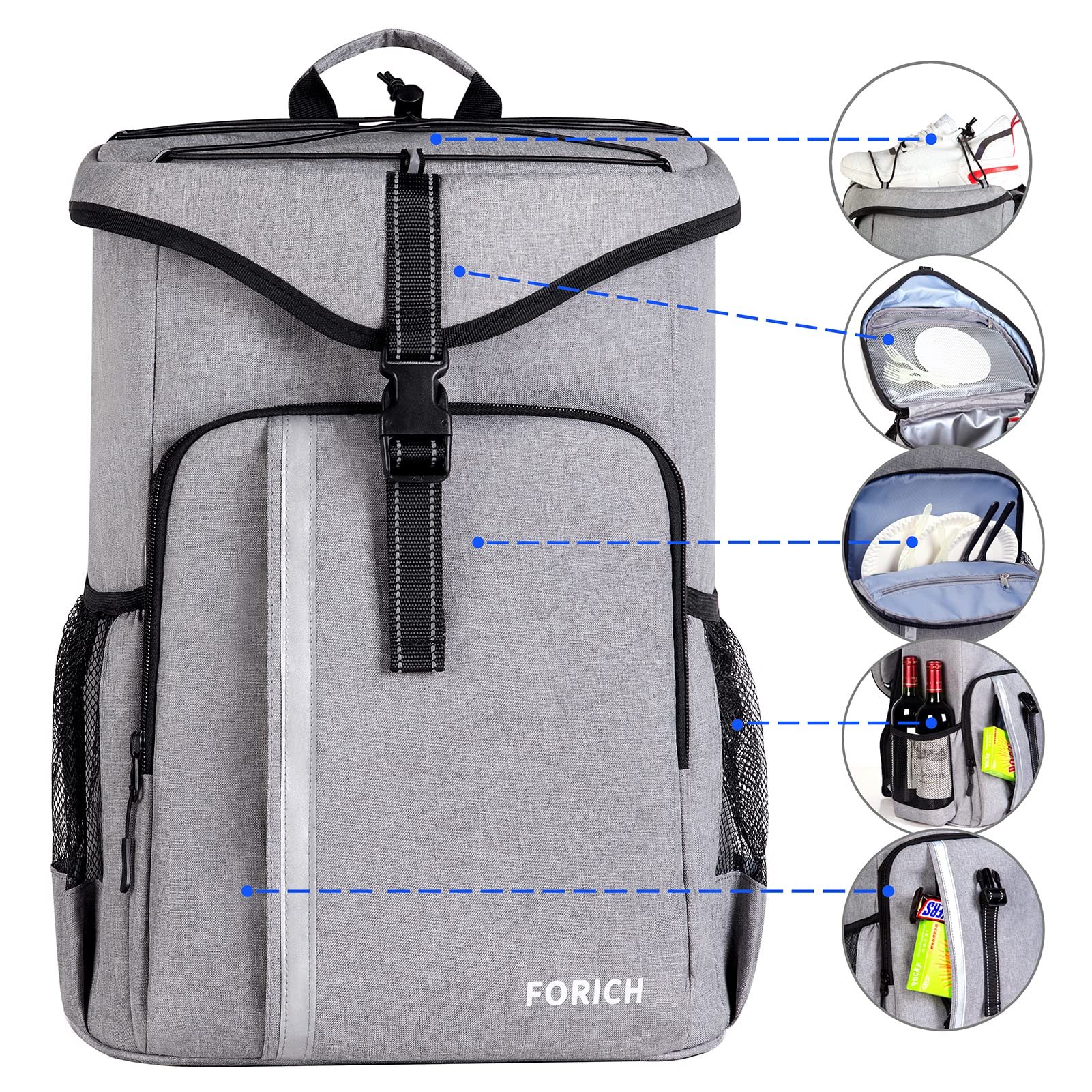 FORICH Backpack Cooler Leakproof Insulated Waterproof Backpack Cooler Bag, Lightweight Soft Beach Cooler Backpack for Men Women to Work Lunch Picnics Camping Hiking, 30 Cans (New - Grey)