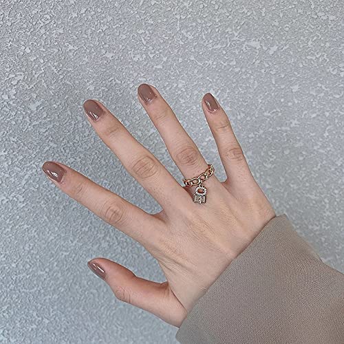 GANGYUN Open Zircon Crystal Lock Key Padlock Cuff Finger Rings for Women Adjustable Punk Infinty Chain Rings Jewelry (Gold)
